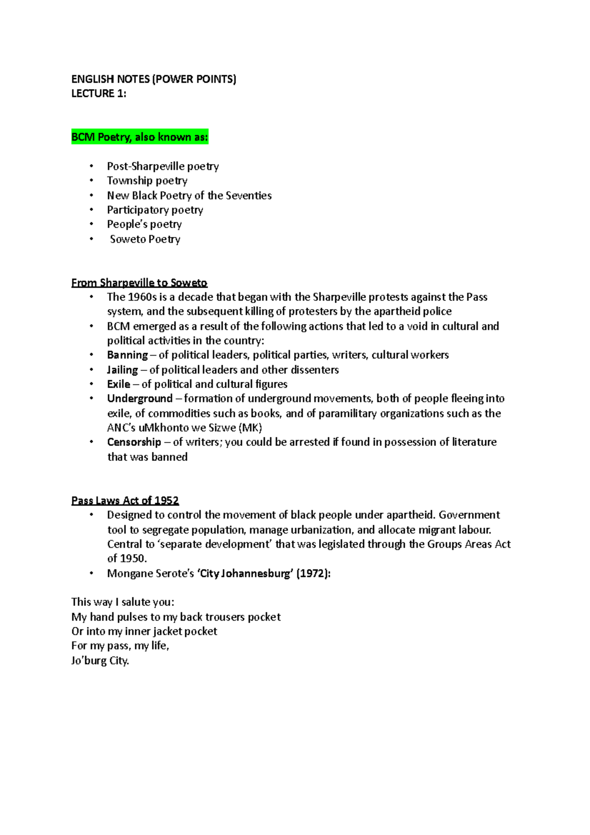 Notes 3rd semester - ENGLISH NOTES (POWER POINTS) LECTURE 1: BCM Poetry ...