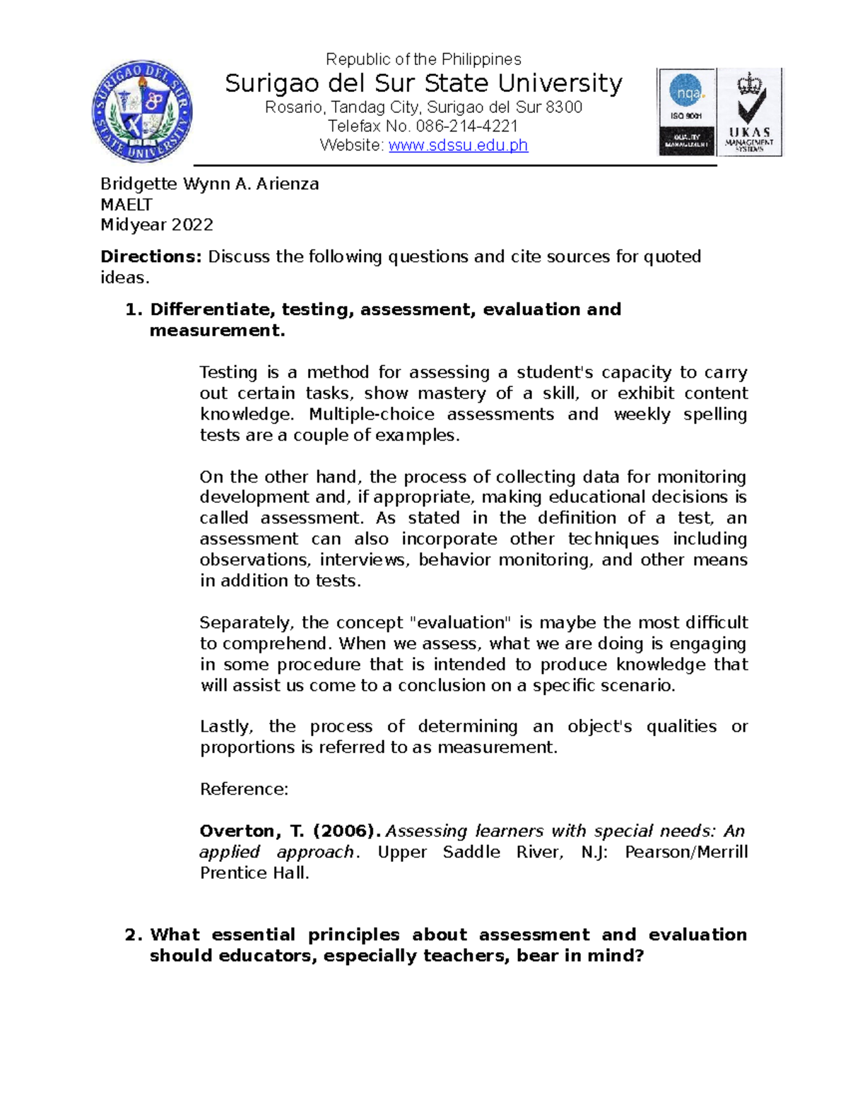 Arienza Quiz1 - 1st quiz - Republic of the Philippines Surigao del Sur ...