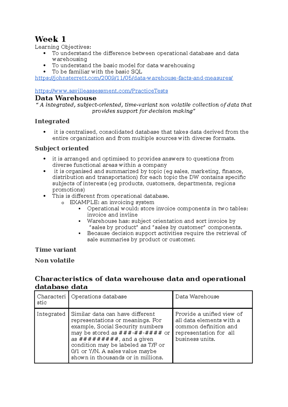Difference between operational database and data warehousing - Studocu