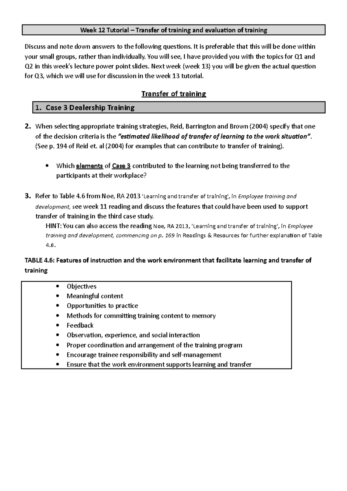 CASE Study - Week 12 Tutorial – Transfer of training and evaluaion of ...