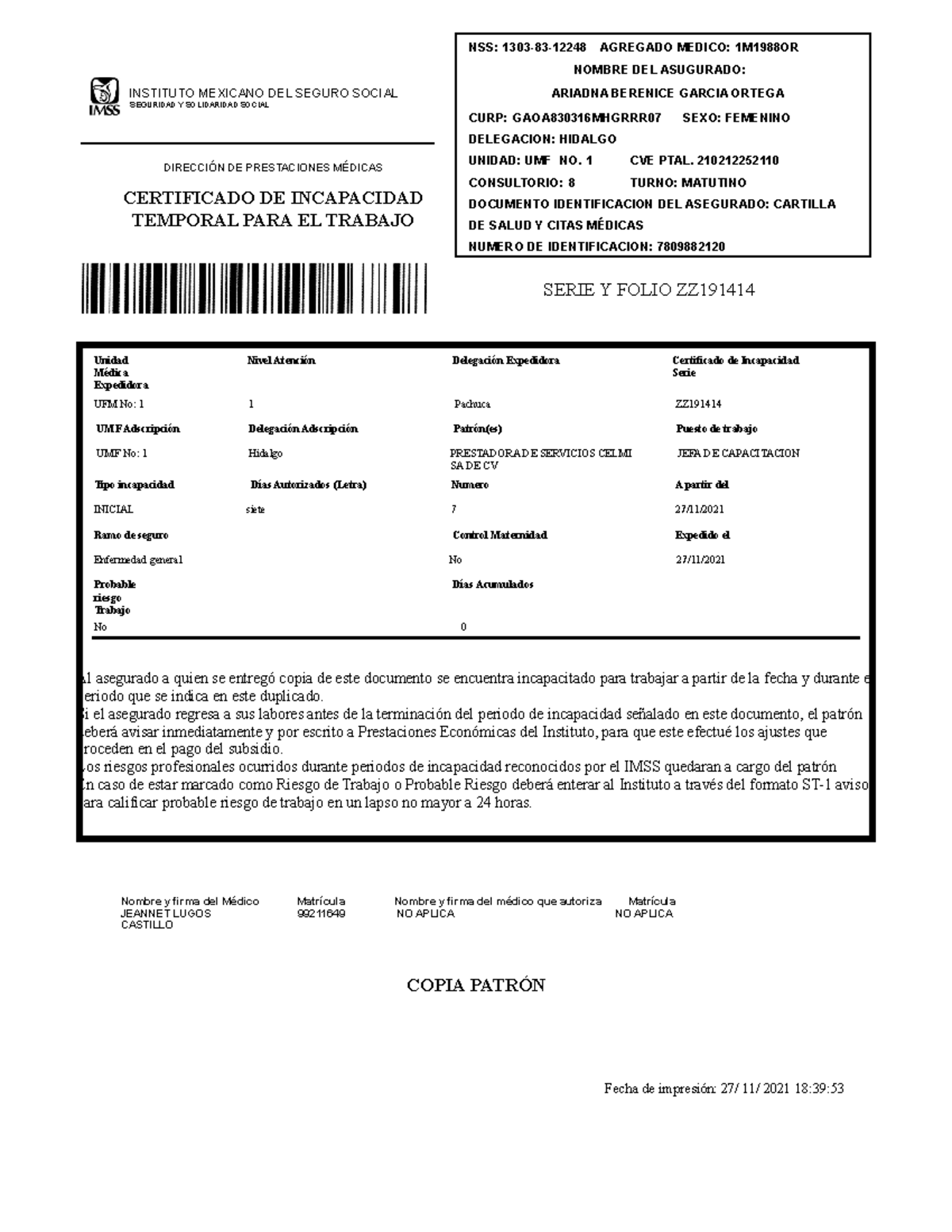 Incapacidad-imss 3 - Incapacidad - Al asegurado a quien se entregó ...