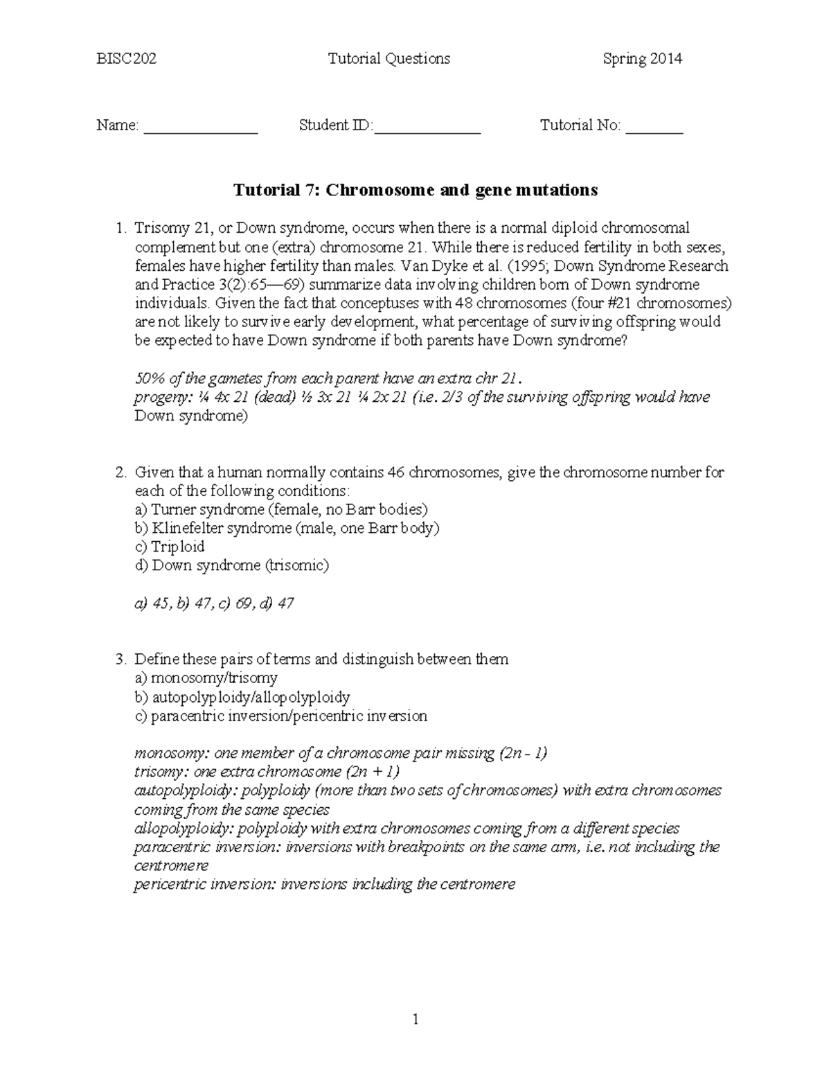 Quiz 8 2014, questions and answers - BISC202 Tutorial Questions Name ...