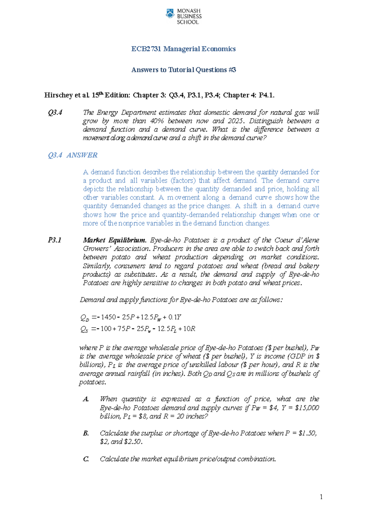 Answers to Tutorial questions #3 demand supply and elasticities ...