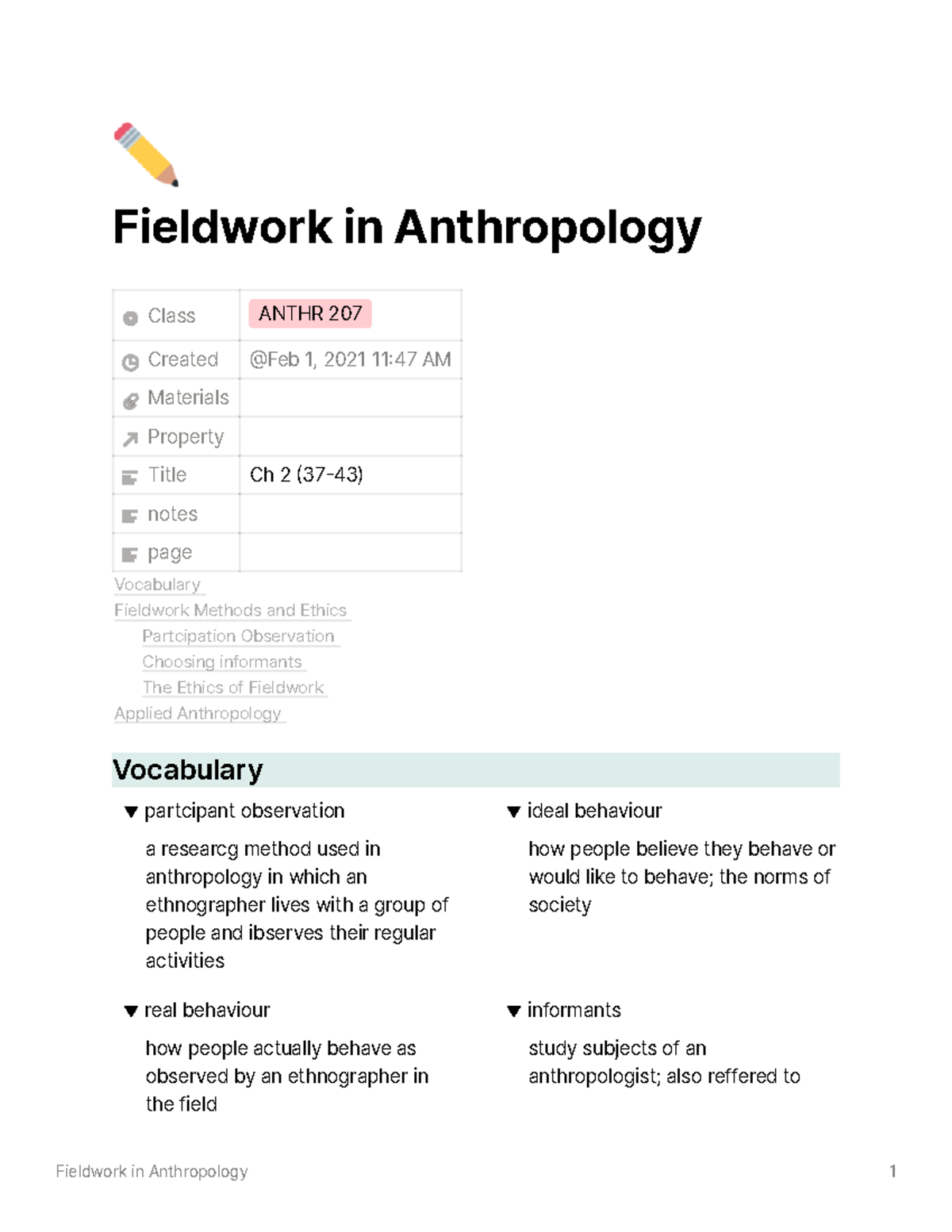 Fieldwork in Anthropology - Fieldwork in Anthropology Class ANTHR 207 ...