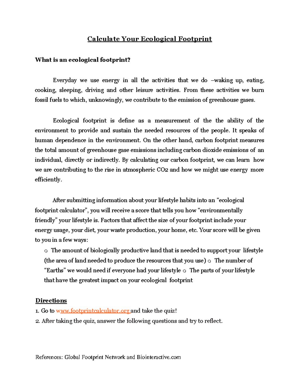 Ecological Footrint Calculation - Calculate Your Ecological Footprint ...