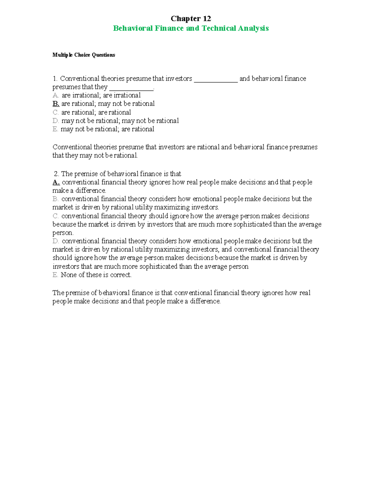 Ch12 Behavioral Finance and Technical Analysis - Chapter 12 Behavioral ...