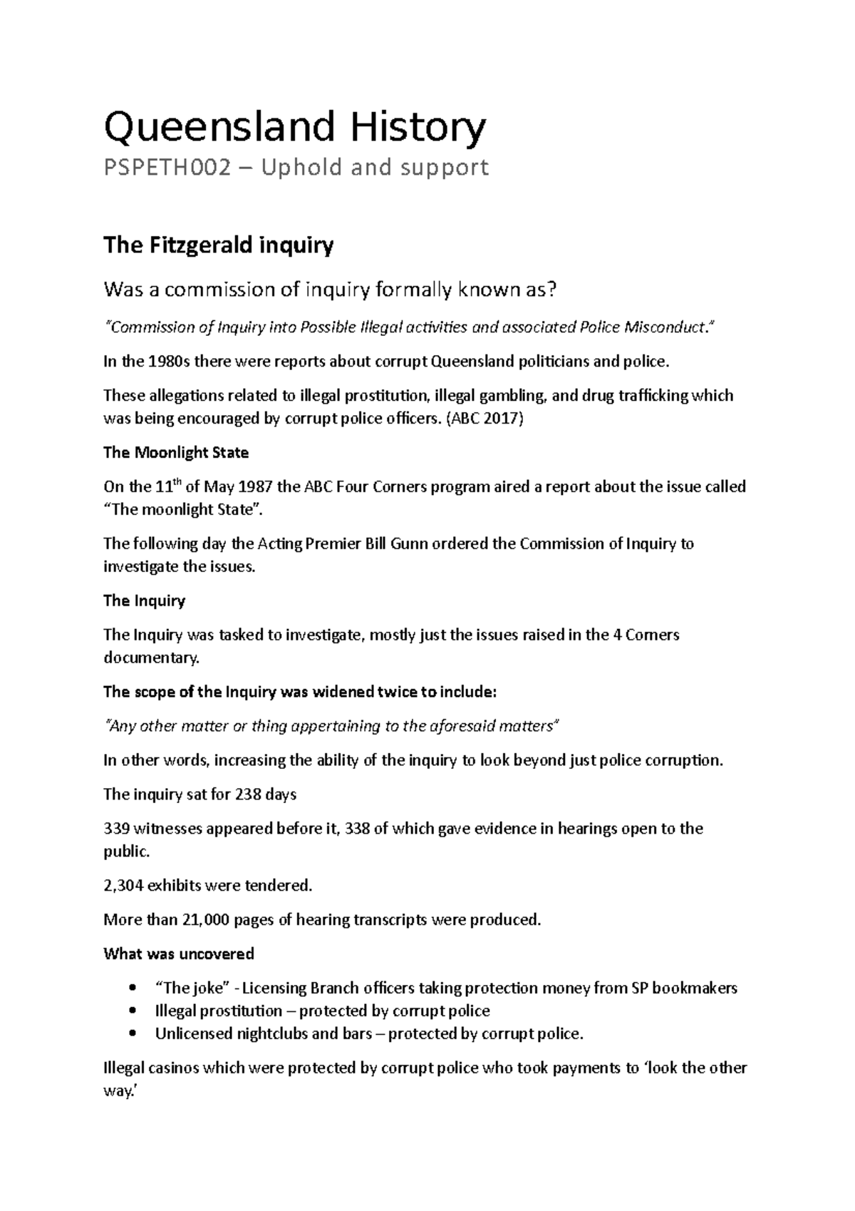 Queensland History - notes on the Fitzgerald Inquiry - Queensland ...