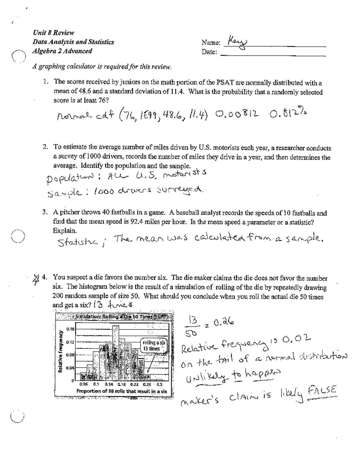 Statistics Unit Review Answer Key - Unit 8 Review Data Analysis and ...