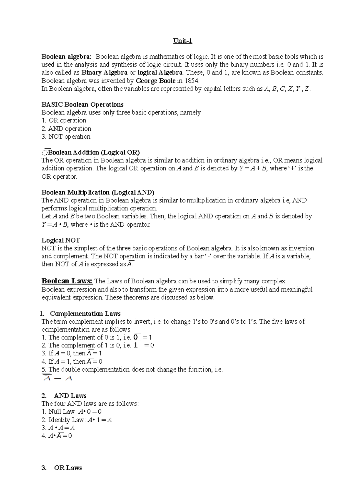 1-Digital electronic - Unit- Boolean algebra: Boolean algebra is mathematics of logic. It is one ...