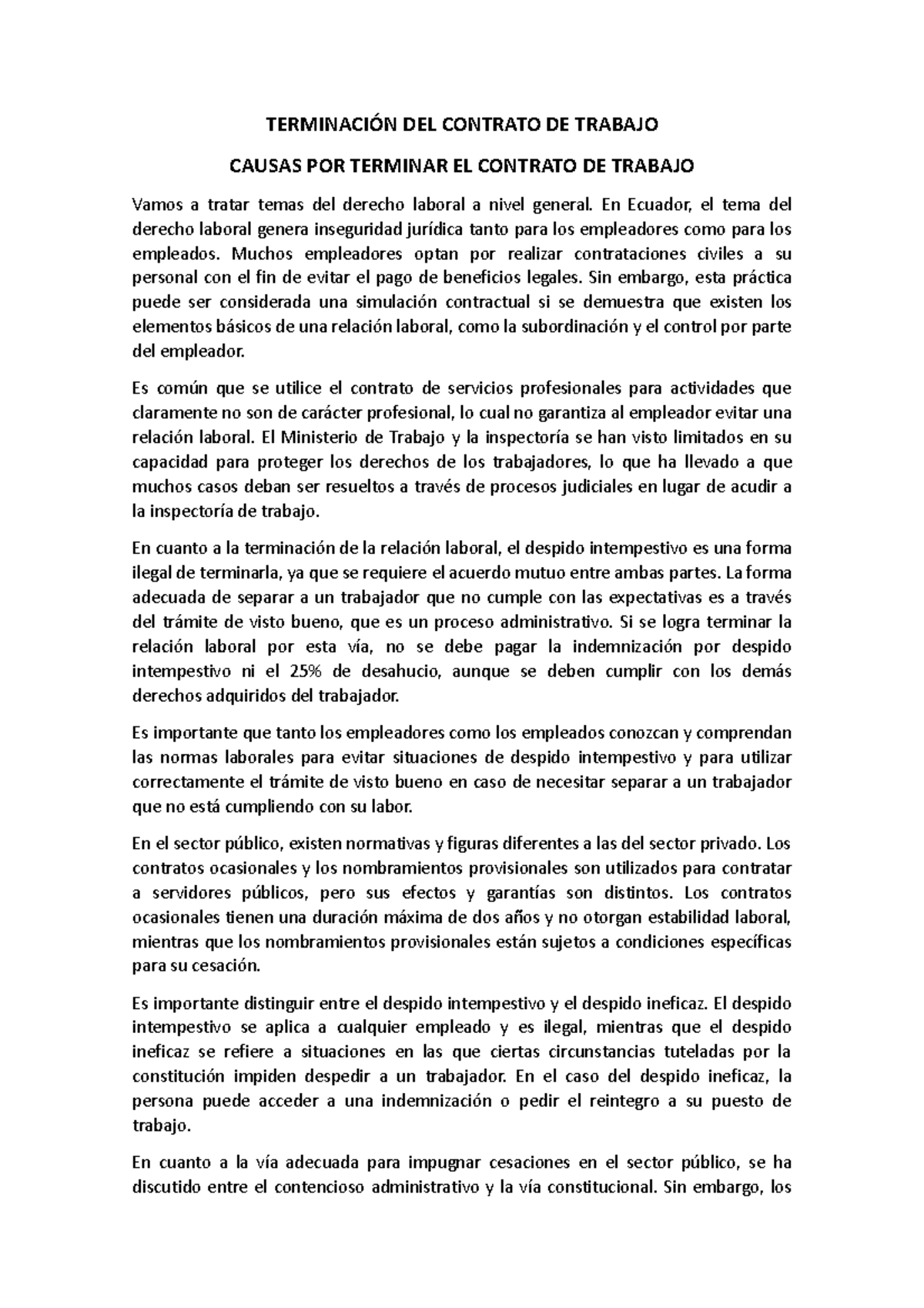 Causas POR Terminar EL Contrato DE Trabajo - TERMINACIÓN DEL CONTRATO ...