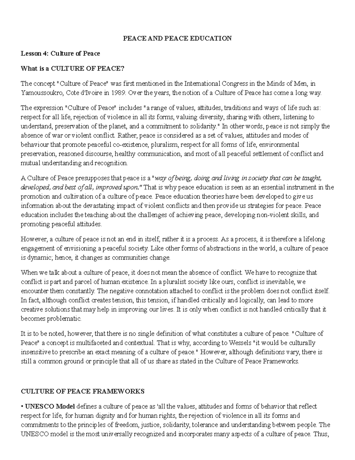 Peace AND Peace Education - PEACE AND PEACE EDUCATION Lesson 4: Culture ...