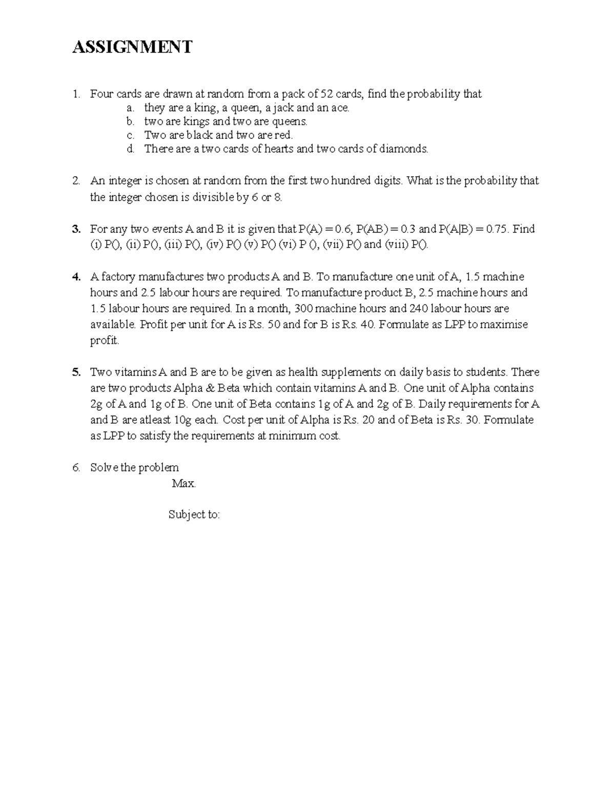 Assignment M - ASSIGNMENT 1. Four cards are drawn at random from a pack ...