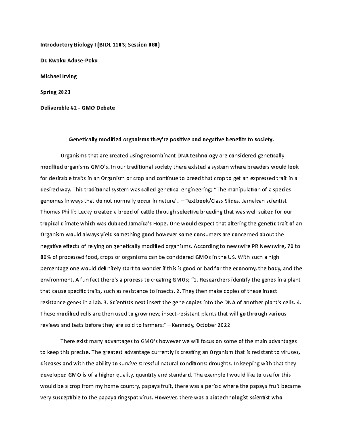 Biology GMO Essay Deliverable #2 - Introductory Biology I (BIOL 1103 ...