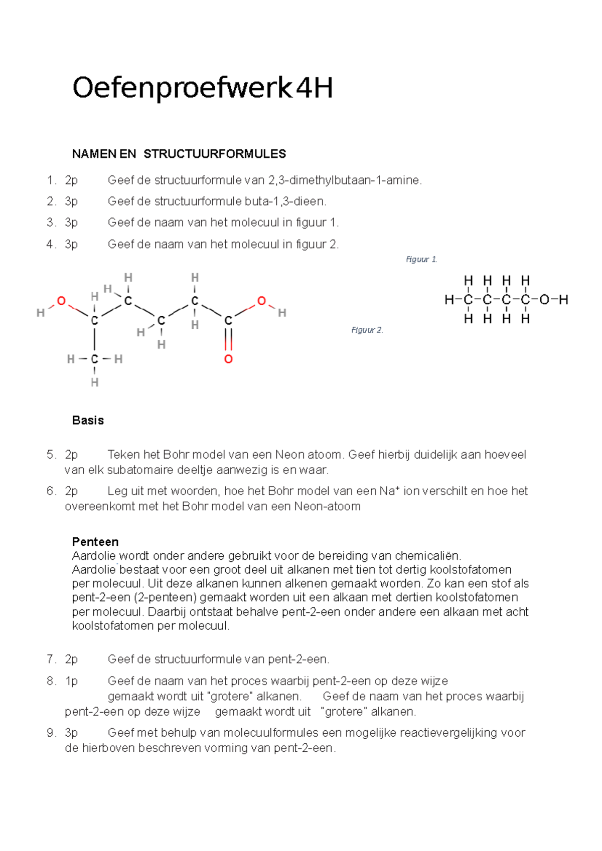 4H Oefenproefwerk 2223 - Oefenproefwerk 4H NAMEN EN STRUCTUURFORMULES ...