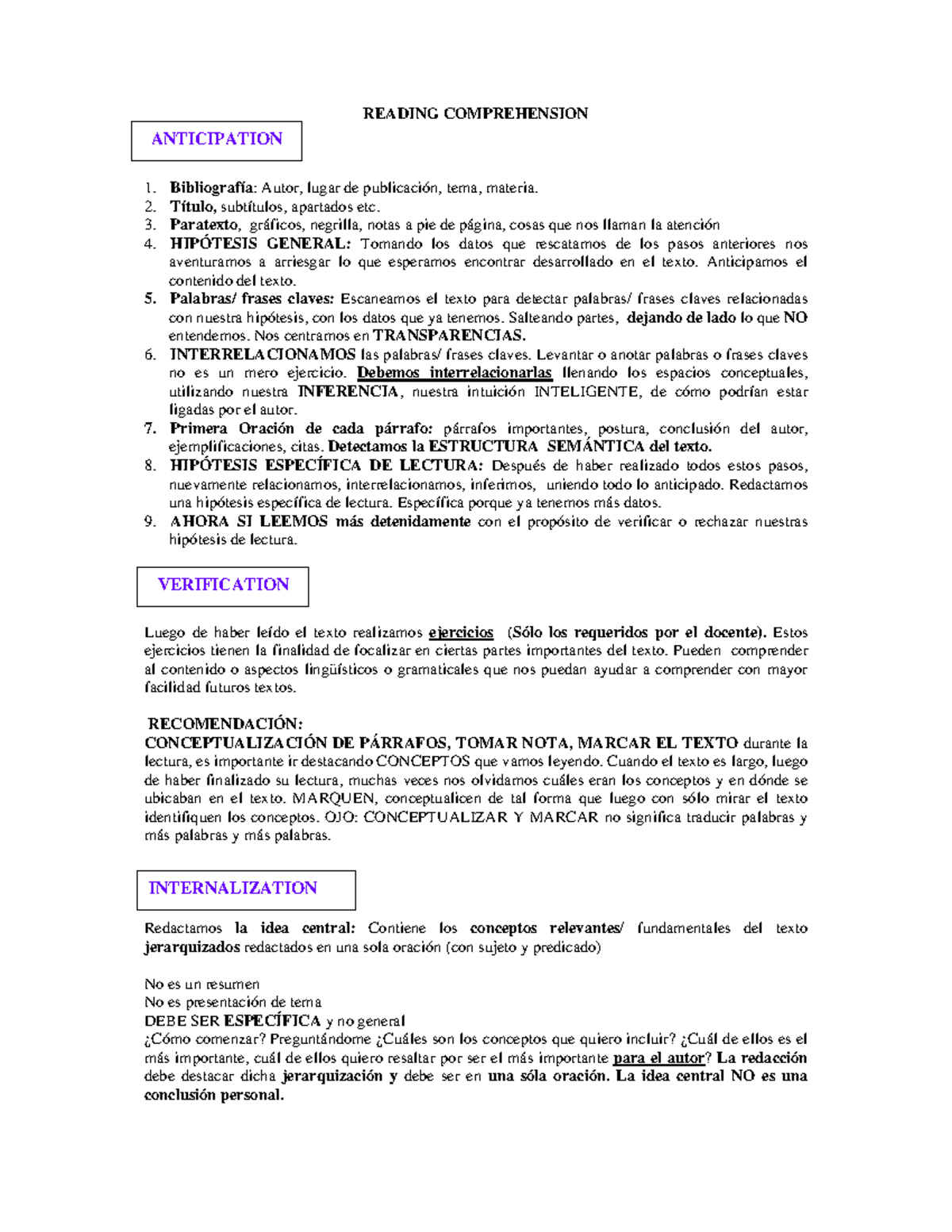 Recordatorio DE Proceso DE Lectura - READING COMPREHENSION Bibliografía ...