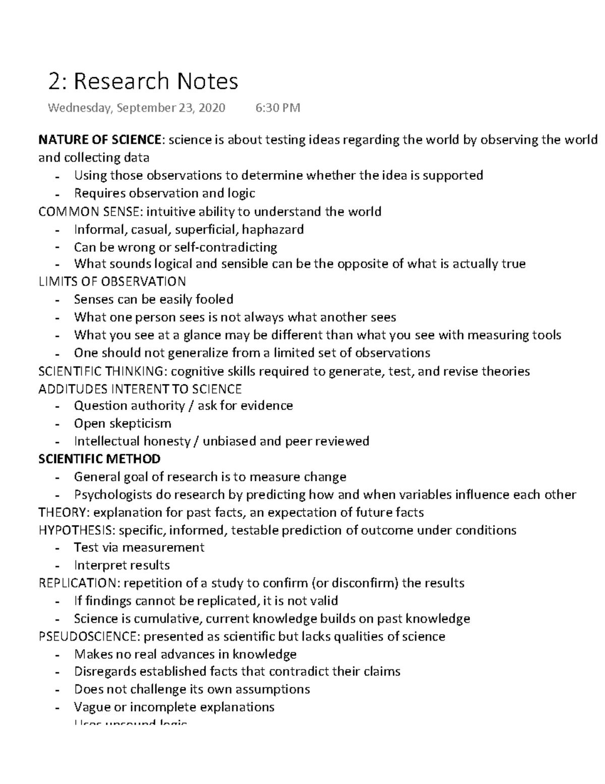 Chapter 2 Research Notes - NATURE OF SCIENCE: science is about testing ...