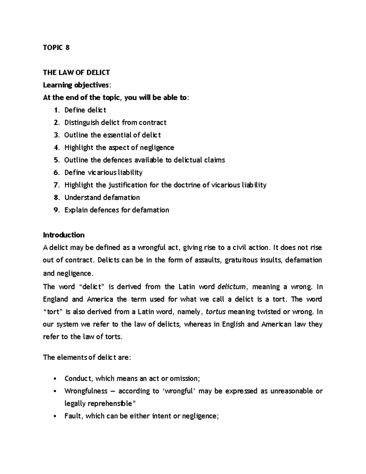 Topic 8 The law of delict - TOPIC 8 THE LAW OF DELICT Learning ...