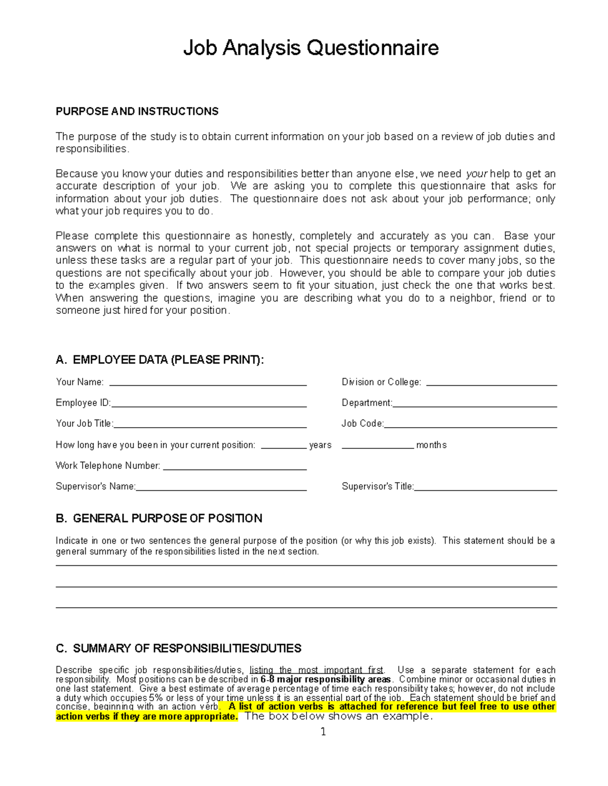 Job Analysis Questionnaire - PURPOSE AND INSTRUCTIONS The purpose of ...