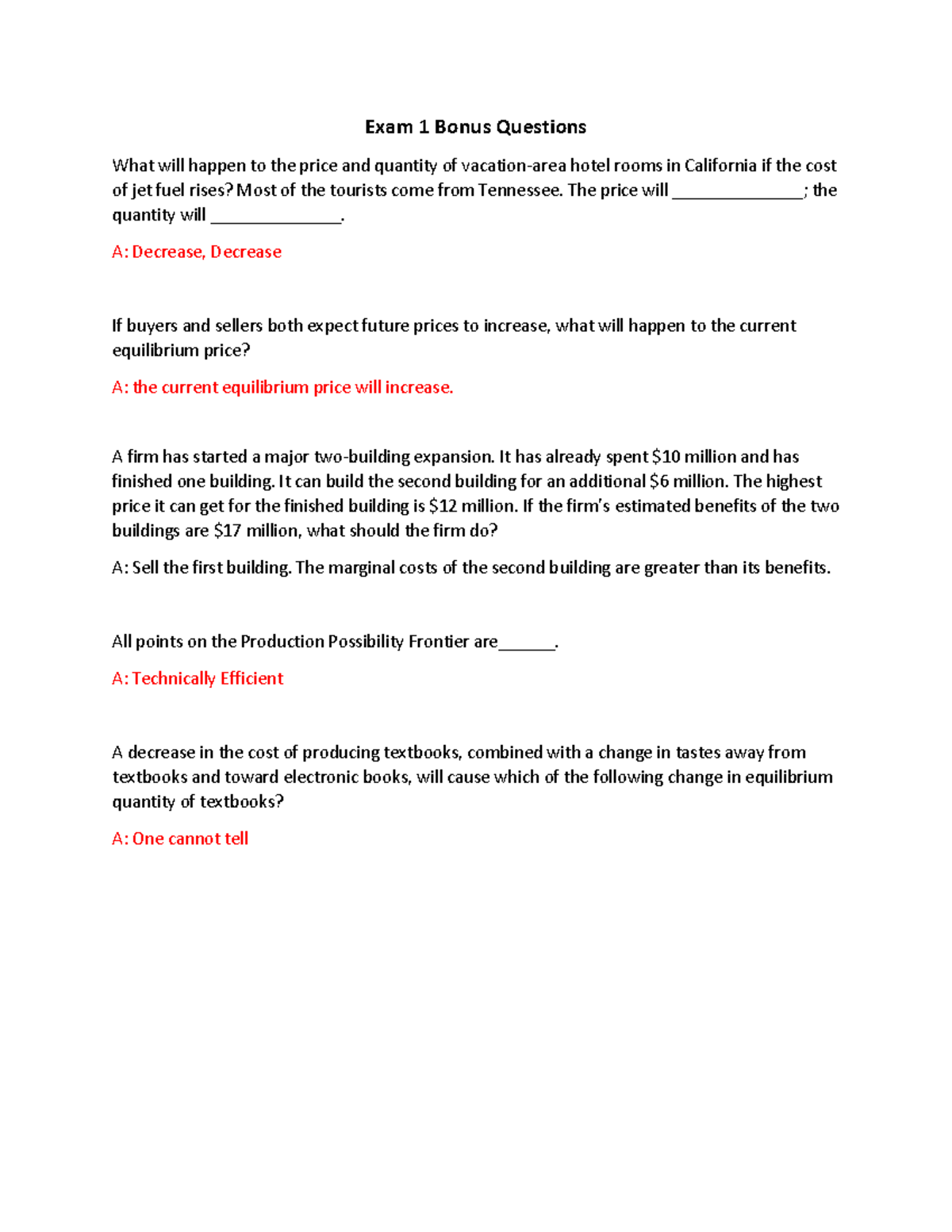 Econ Exam 1 Bonus Questions - Exam 1 Bonus Questions What will happen ...