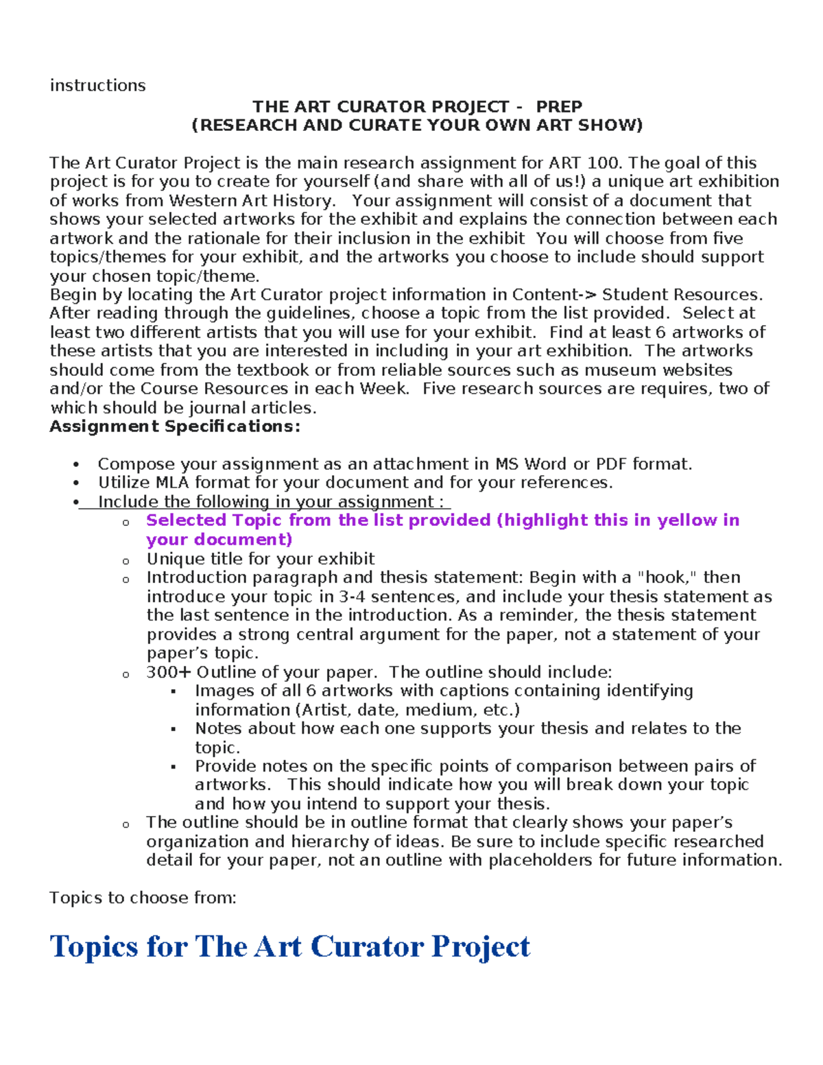 Art100 Art Project Prep Outline and Instructions - instructions THE ART ...