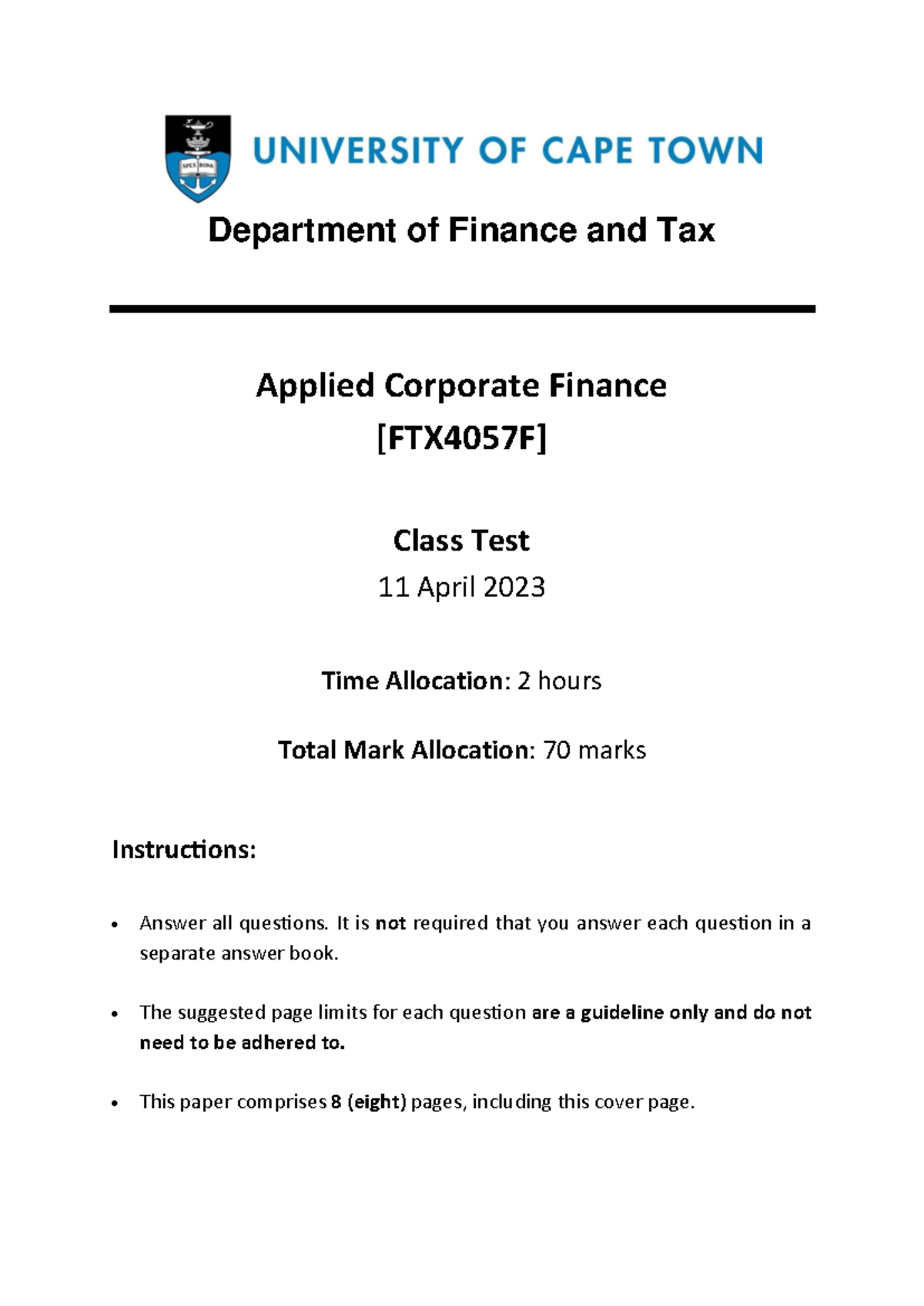 FTX4057F 2023 Class Test with memo-2 - Department of Finance and Tax ...