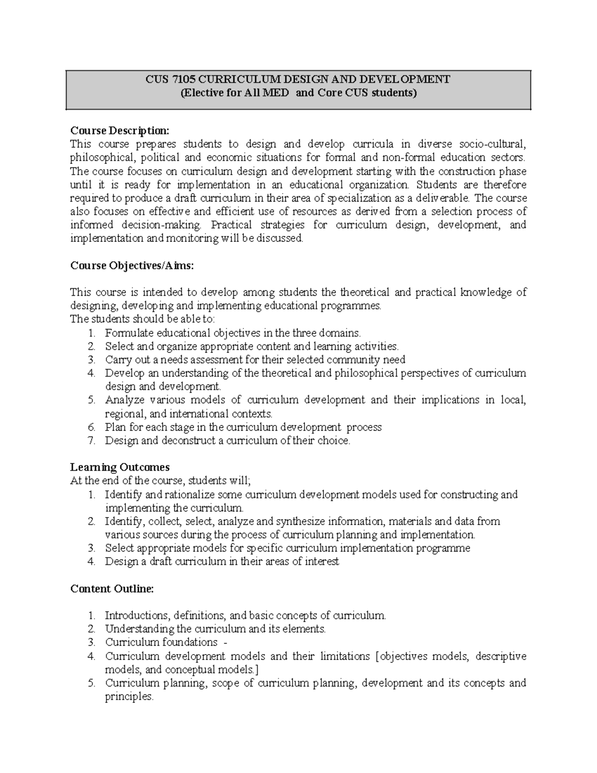 CUS 7105 Curriculum Design AND Development - CUS 7105 CURRICULUM DESIGN ...