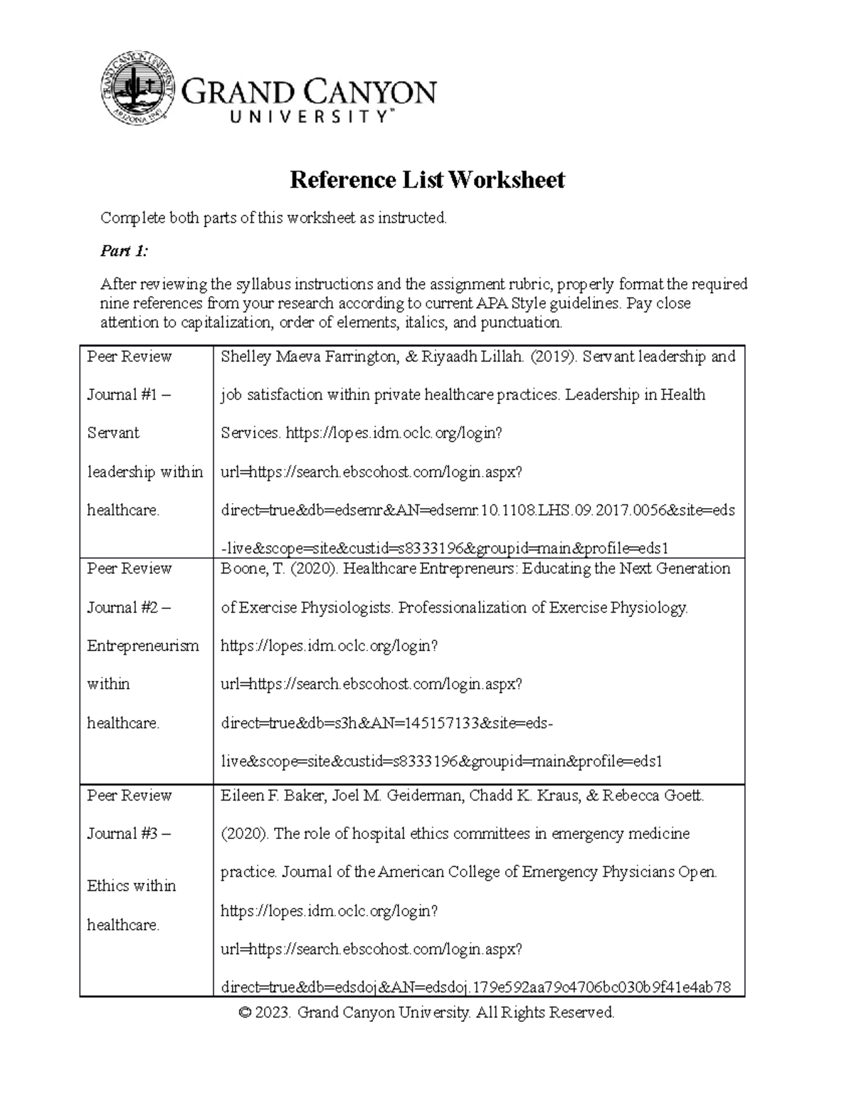 UNV-504 Reference BWB - Reference List Worksheet Complete both parts of ...
