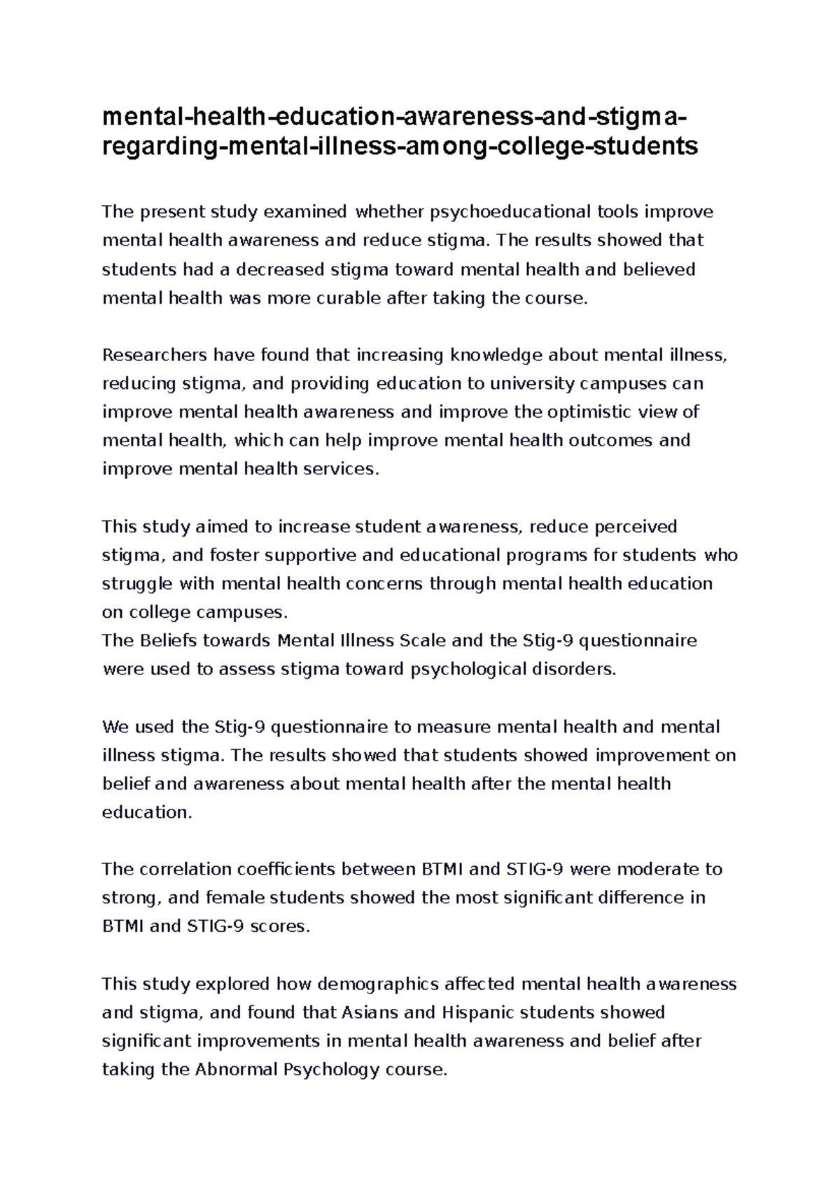 Mental-health-education-awareness-and-stigma-regar-WT Summaries - - Studocu