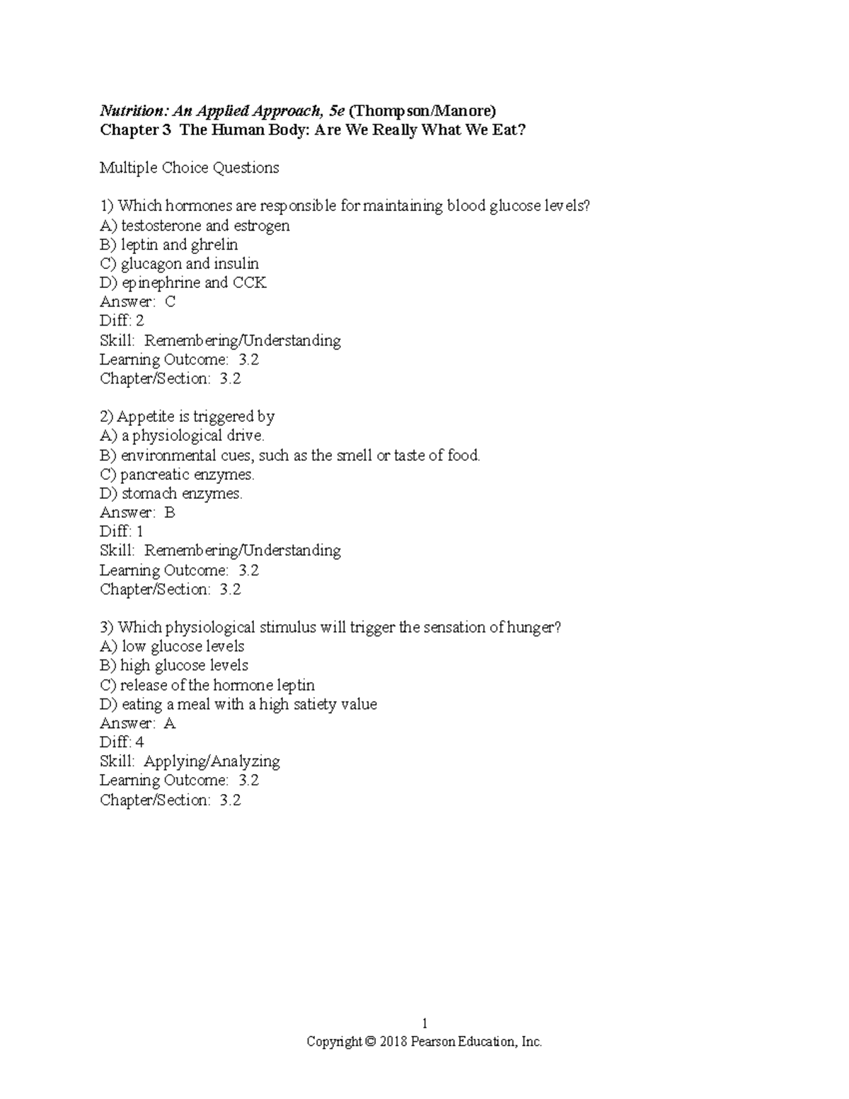 Chapter 3: The Human Body and Nutrition Multiple Choice Questions - Studocu