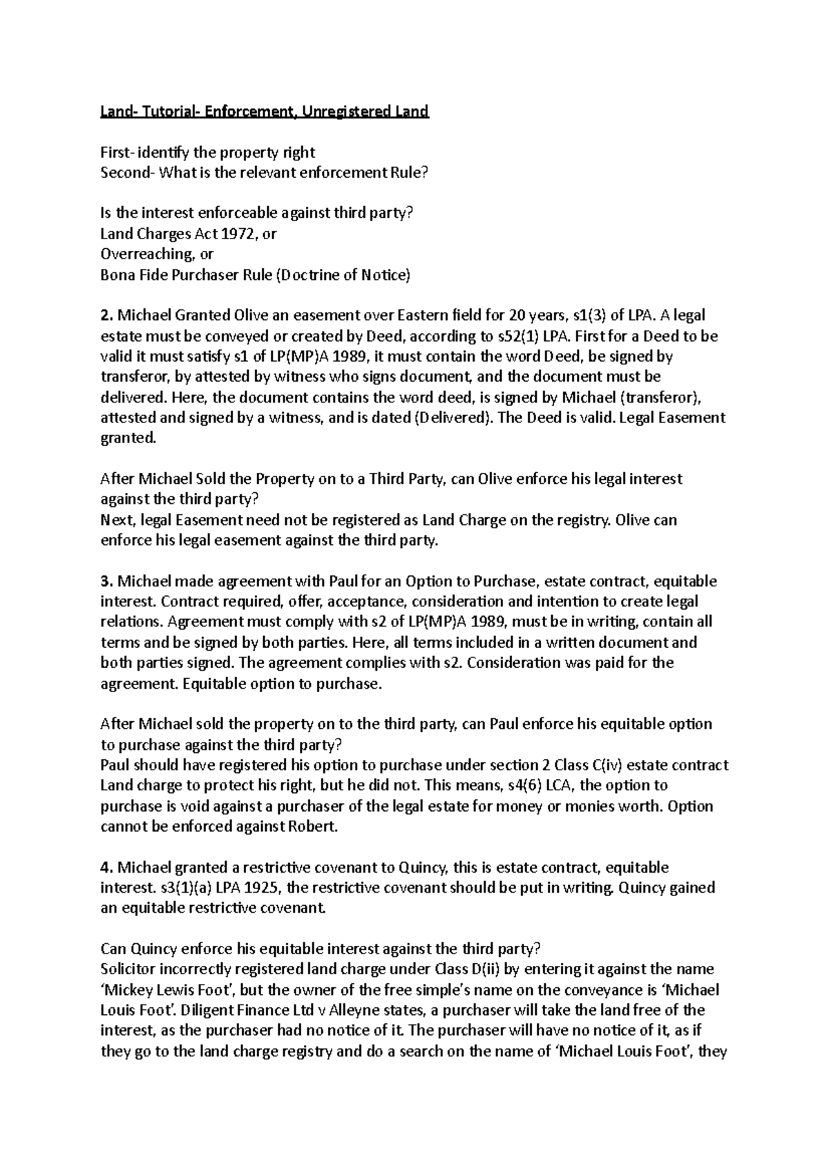 Land Law- Enforcement Unregistered Land - Land- Tutorial- Enforcement ...
