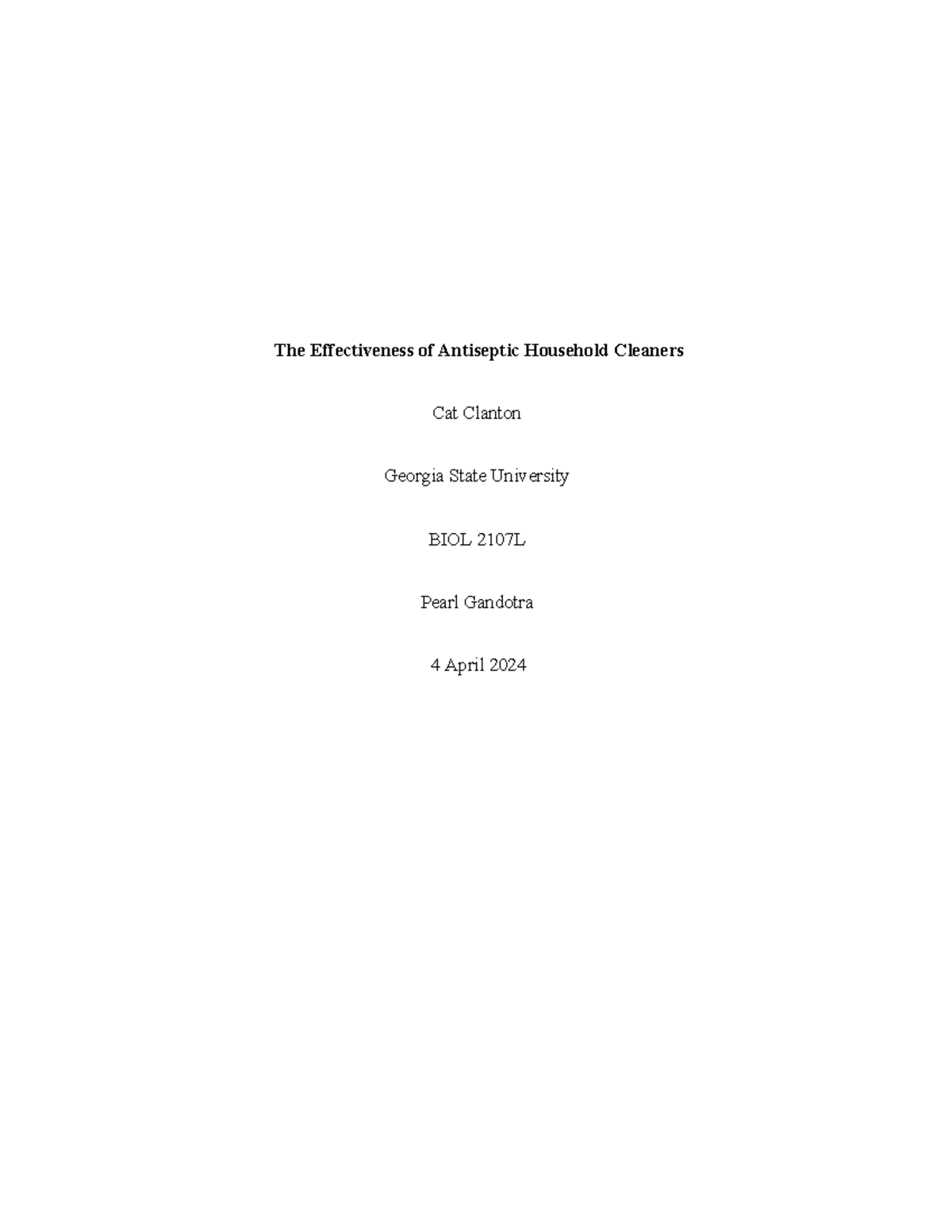 Lab Report Final - The Effectiveness of Antiseptic Household Cleaners ...
