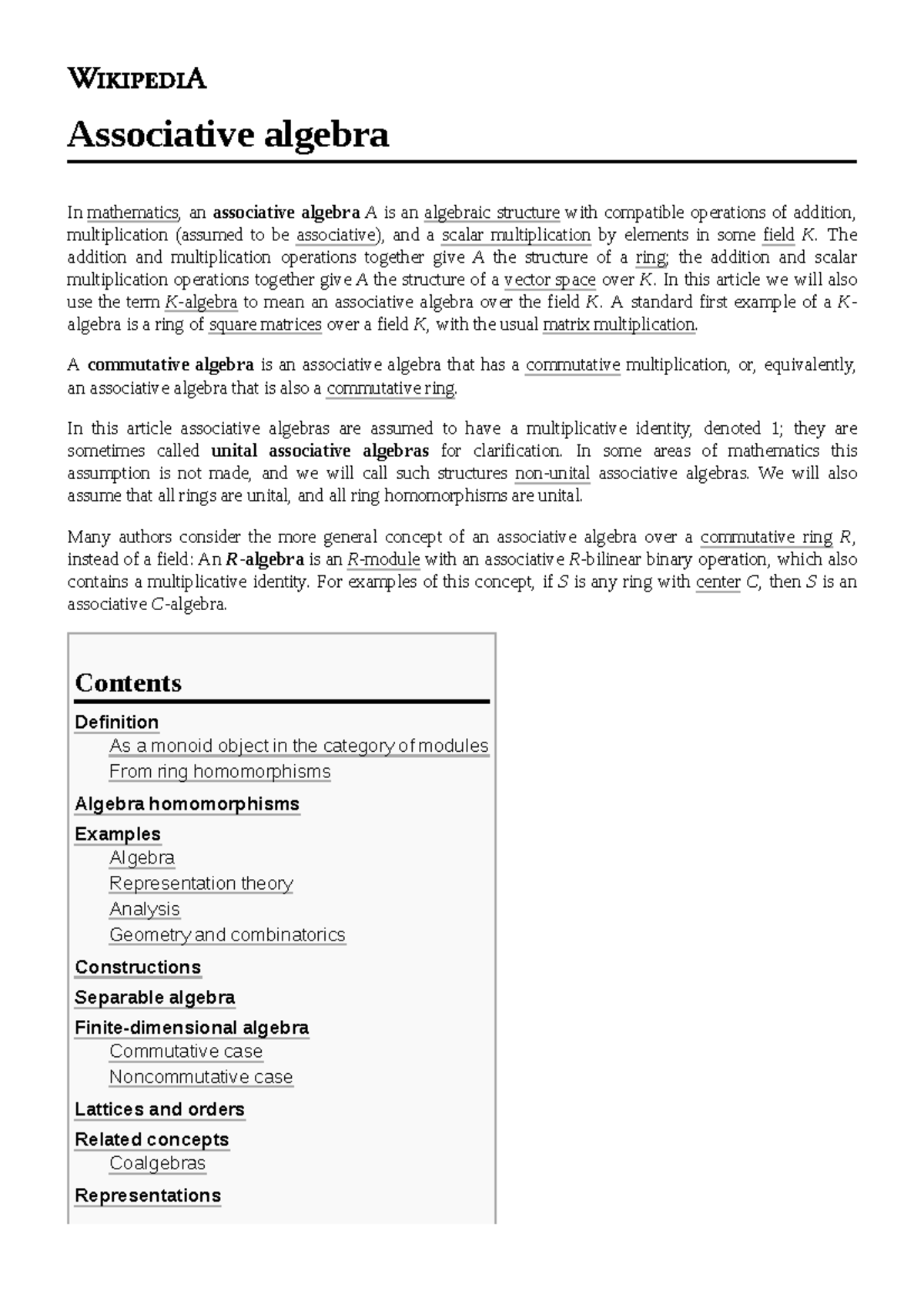 Associative algebra - The addition and multiplication operations ...