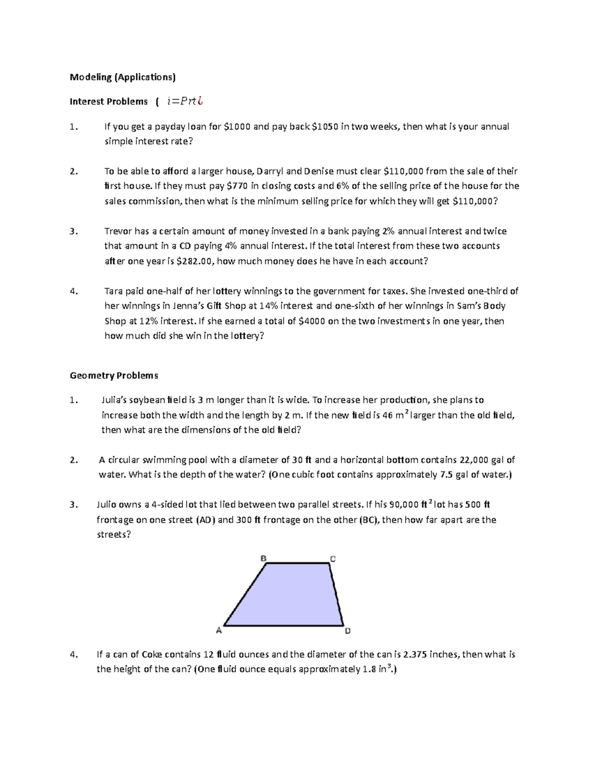 Modeling Problems - Modeling (Applications) Interest Problems (i=Prt ...