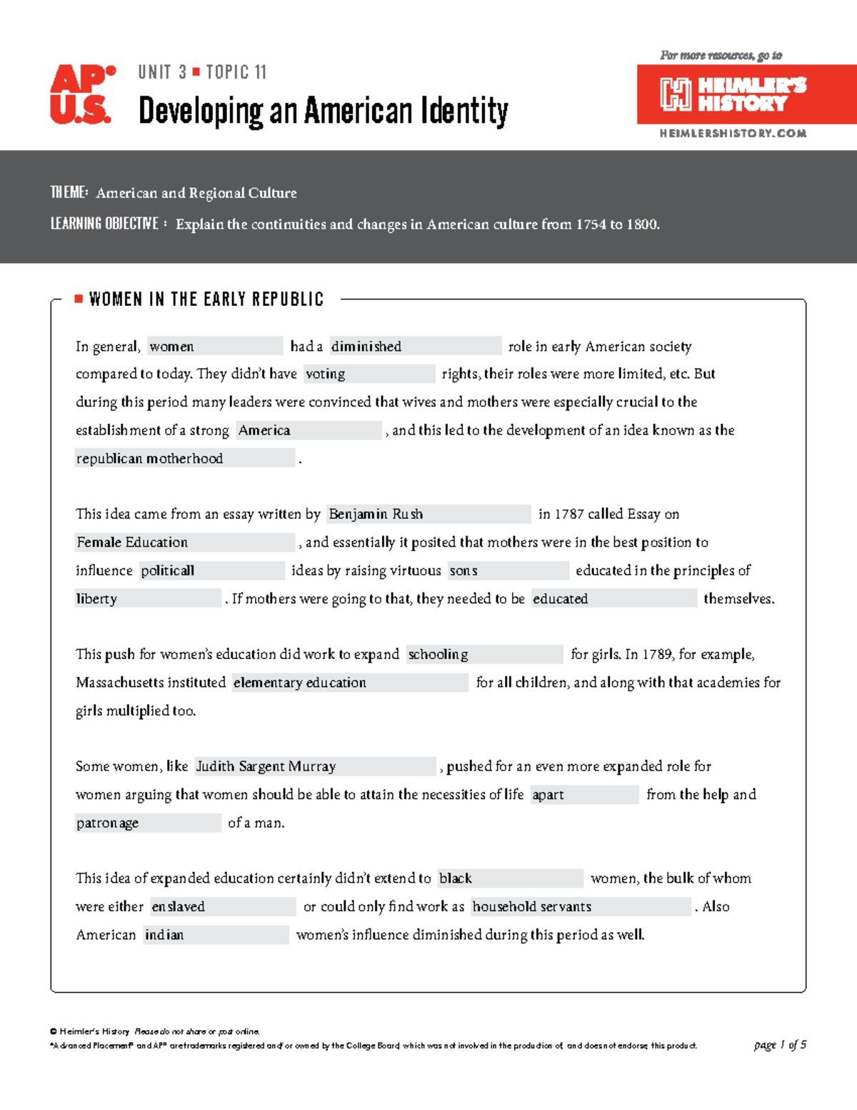 Role of Women and Developing American Identity - Studocu