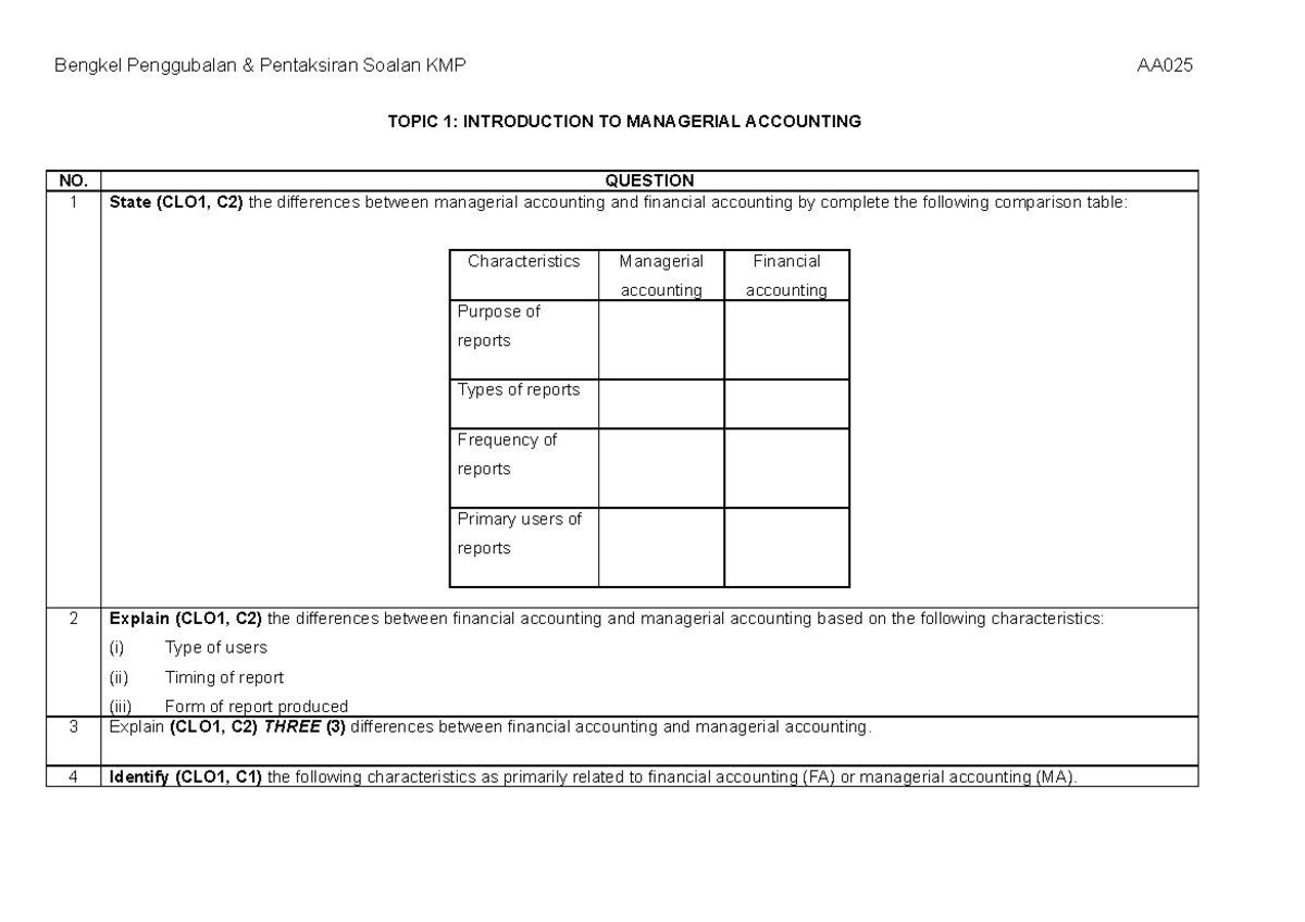 (topic 1 introduction to managerial accounting.)TUTORIAL QUESTION T1 ...