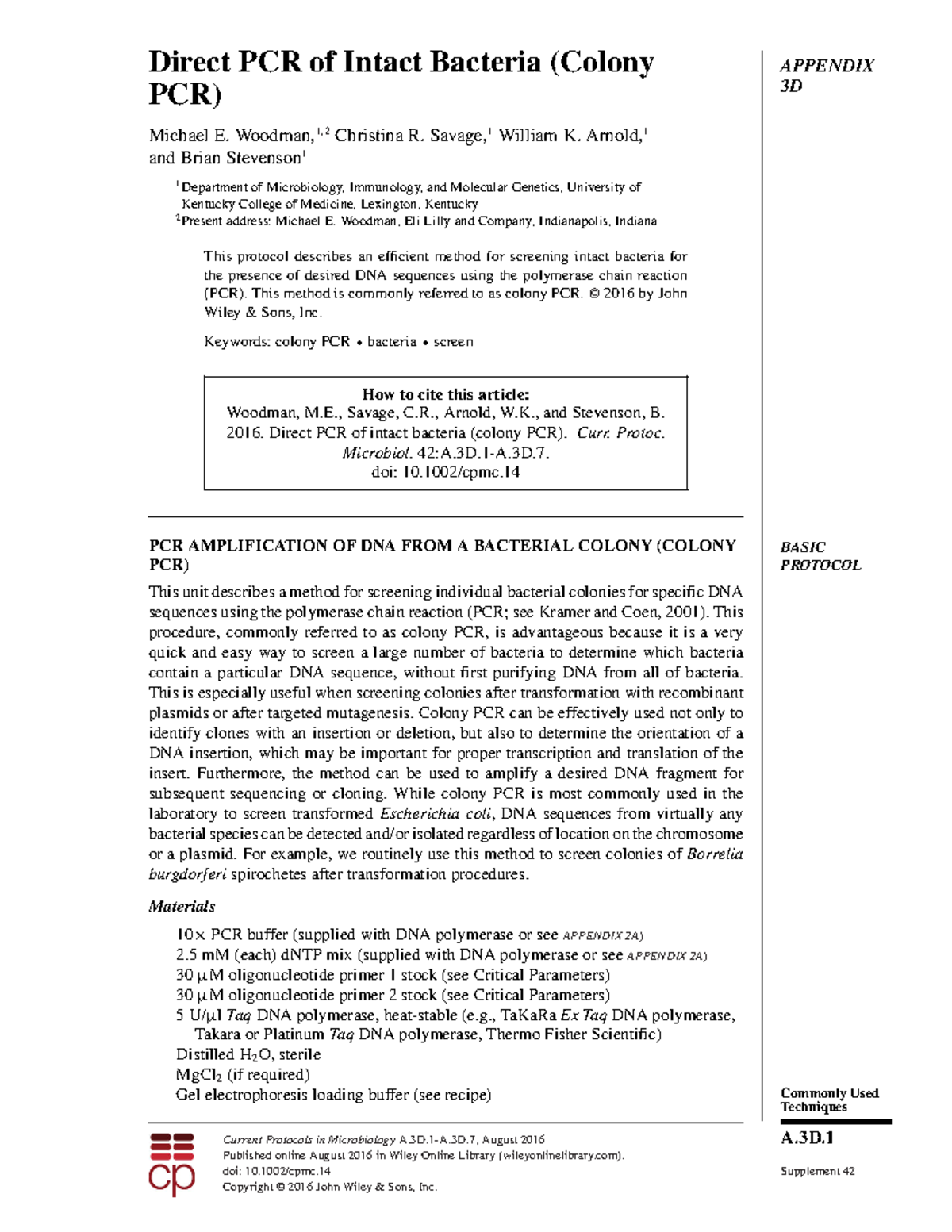 Woodman 2016 - life science - APPENDIX 3D Direct PCR of Intact Bacteria ...