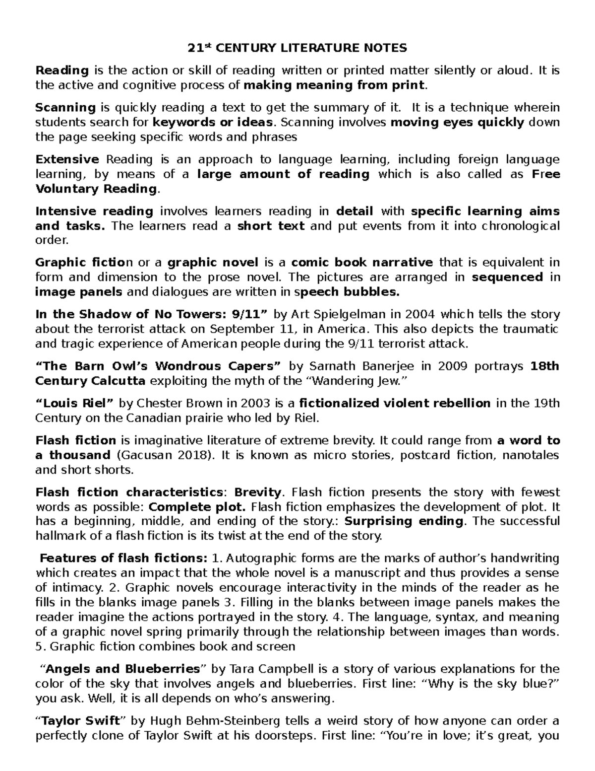 21ST Century Notes Lesson 1 4 - 21 st CENTURY LITERATURE NOTES Reading ...