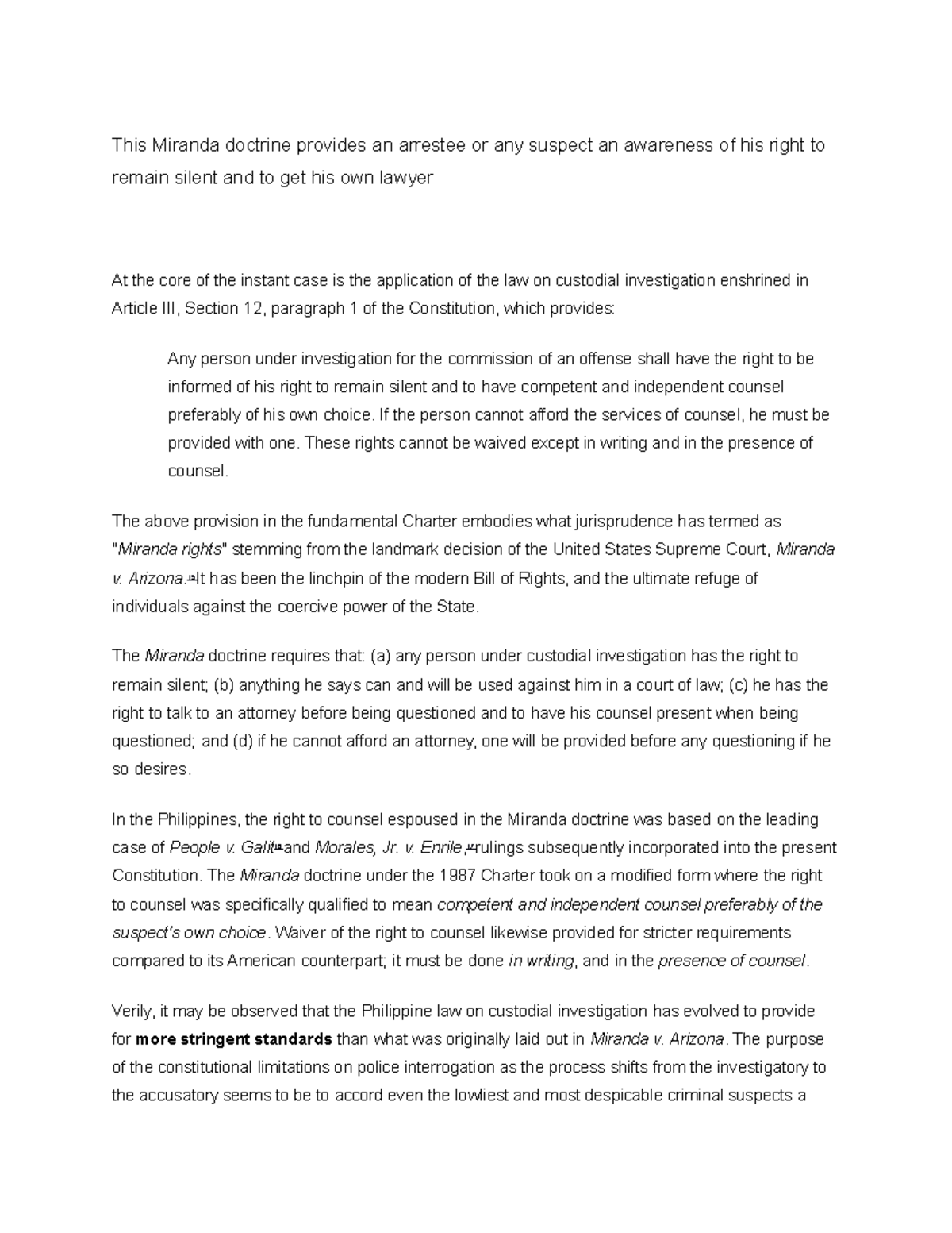 Miranda - WRGFWSG - This Miranda doctrine provides an arrestee or any ...