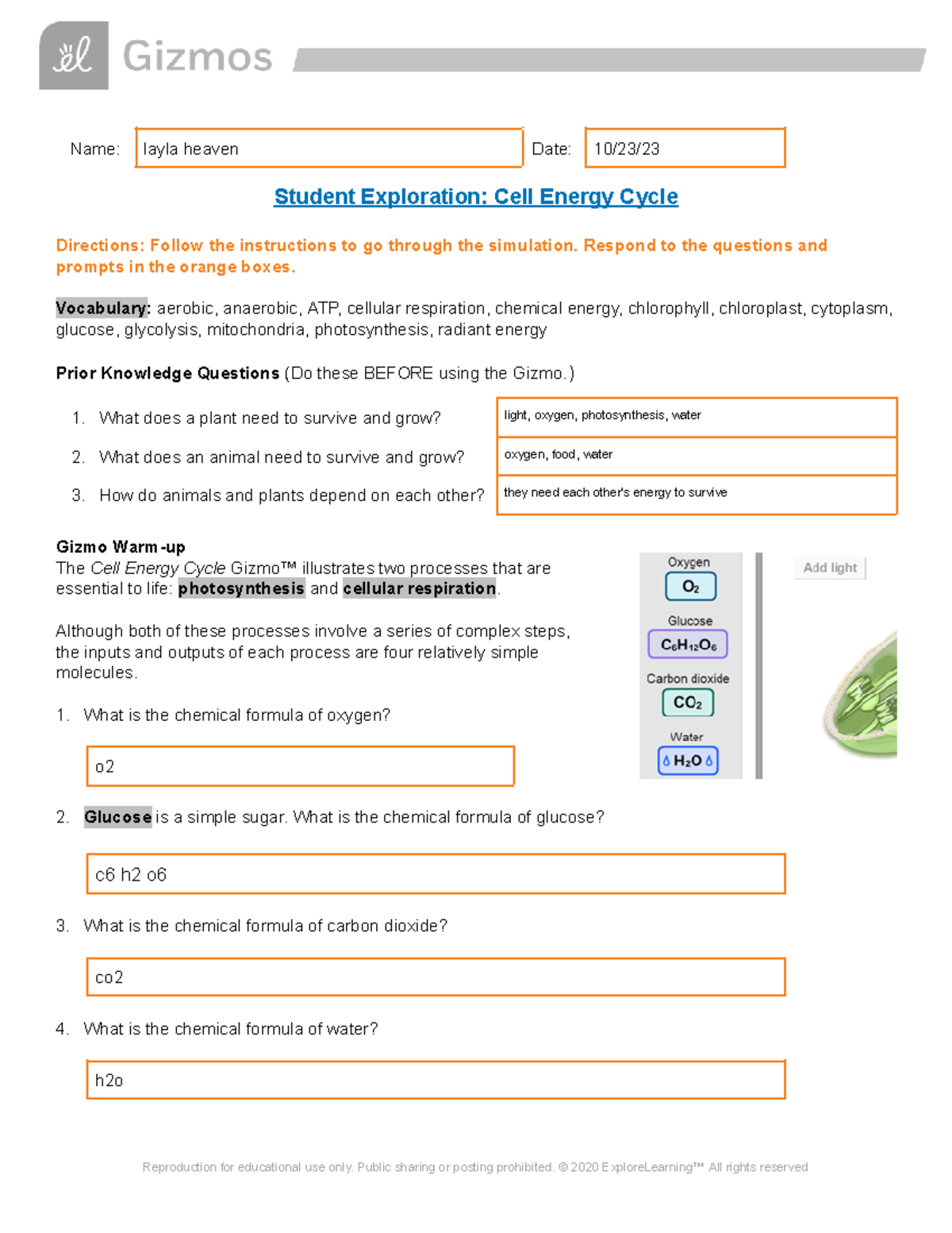 Cell Energy Gizmo - Name: layla heaven Date: 10/23/ Student Exploration ...