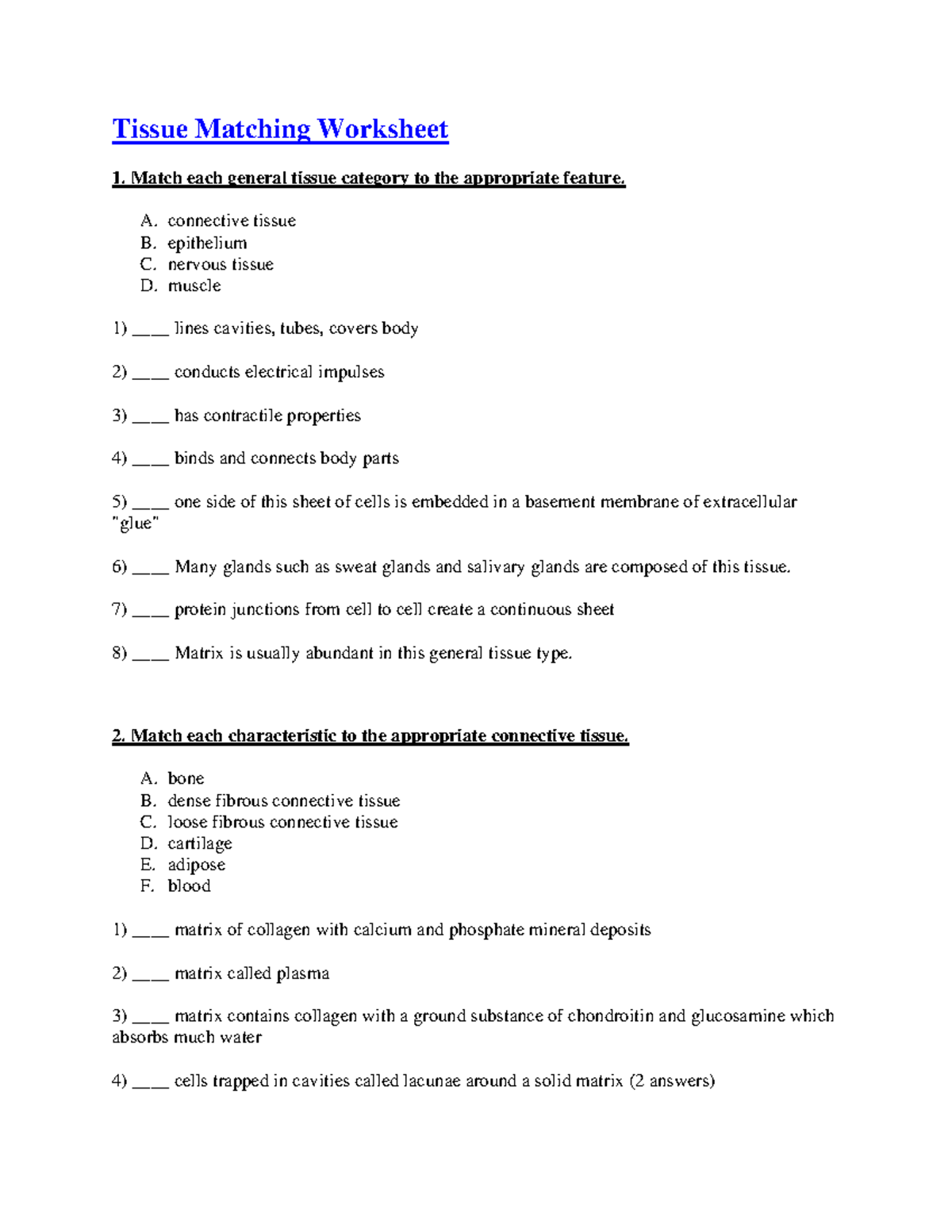 Tissue Matching Worksheet - Tissue Matching Worksheet Match each ...