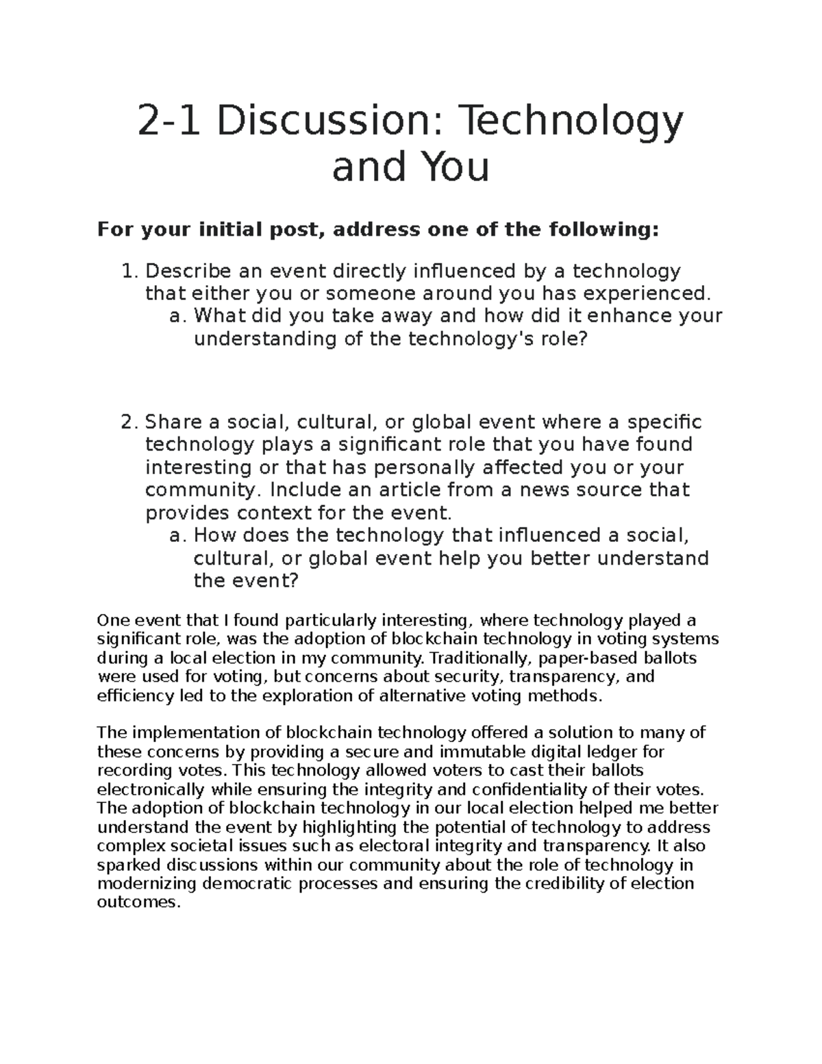 2-1 Discussion- Technology and You - 2-1 Discussion: Technology and You ...