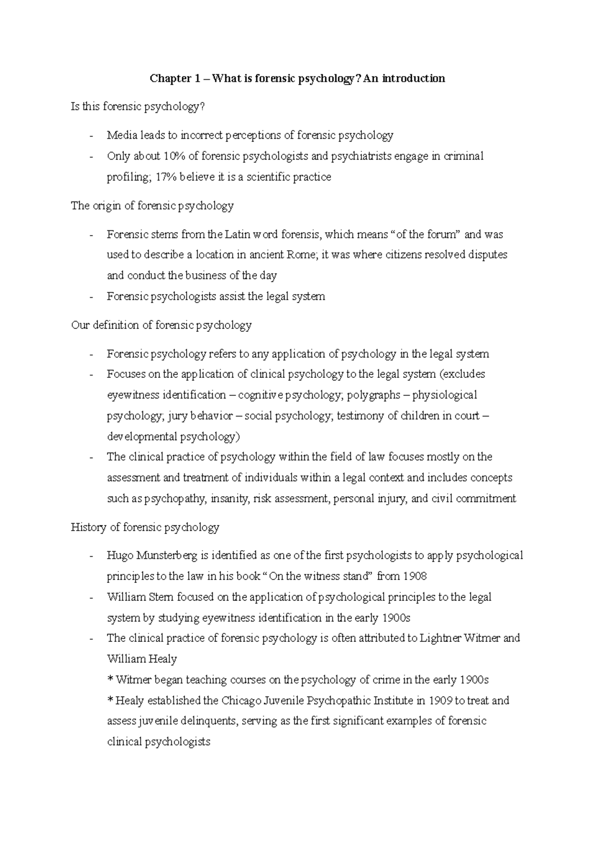 Textbook notes chapter 1 - Chapter 1 – What is forensic psychology? An ...