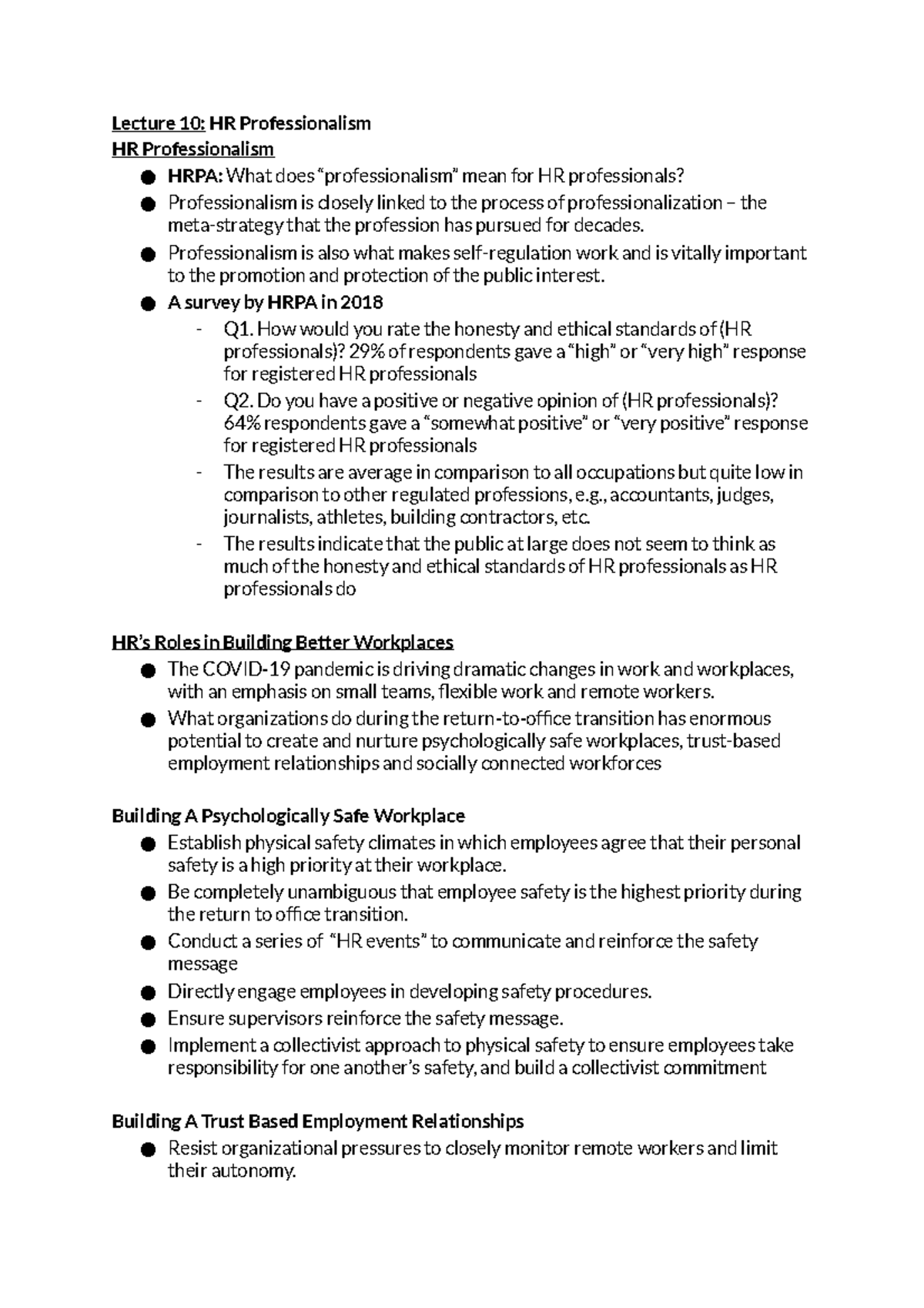 HR Issues - Lecture 10 - Lecture 10: HR Professionalism HR ...