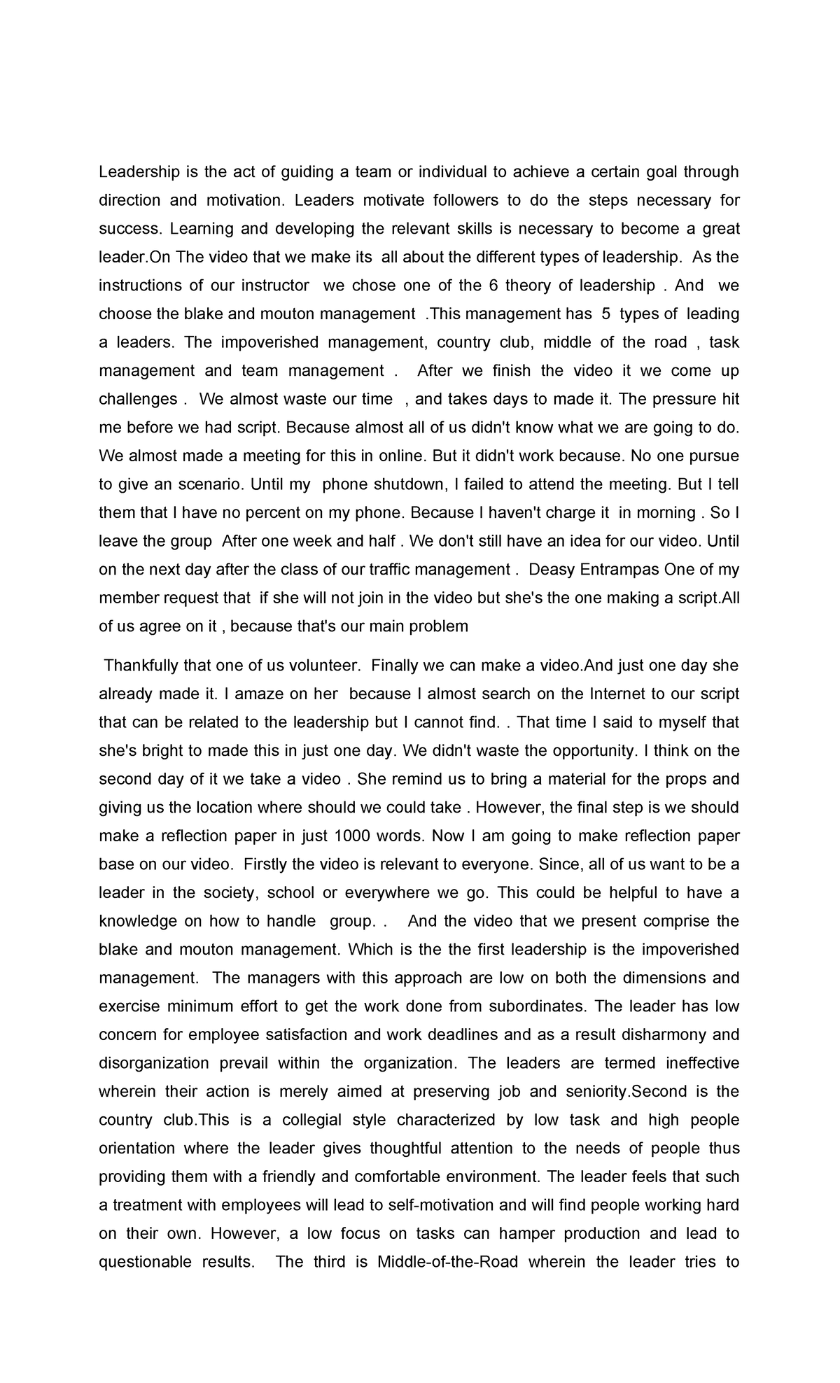 Reflection- Paper - Leadership is the act of guiding a team or ...