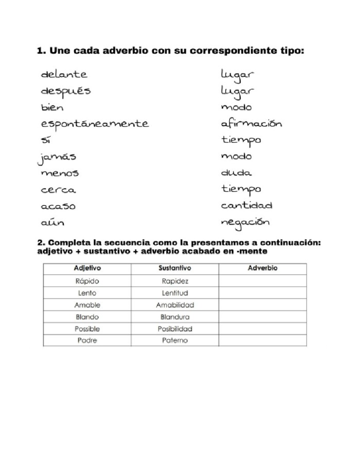 Ejercicio de Adverbios - Lengua española - 1. Une cada adverbio con su ...