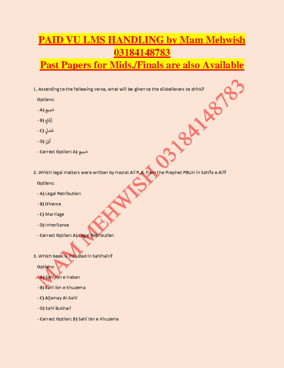 ISL202 MCQs Mids 2024 Mam Mehwish-3 - PAID VU LMS HANDLING by Mam Mehwish 03184148783 Past ...