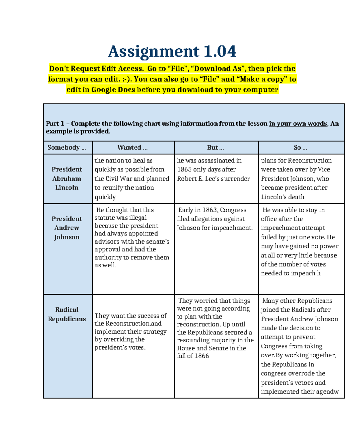 1.04 U.S History - Assignment 1. Don’t Request Edit Access. Go to “File”, “Download As”, then ...