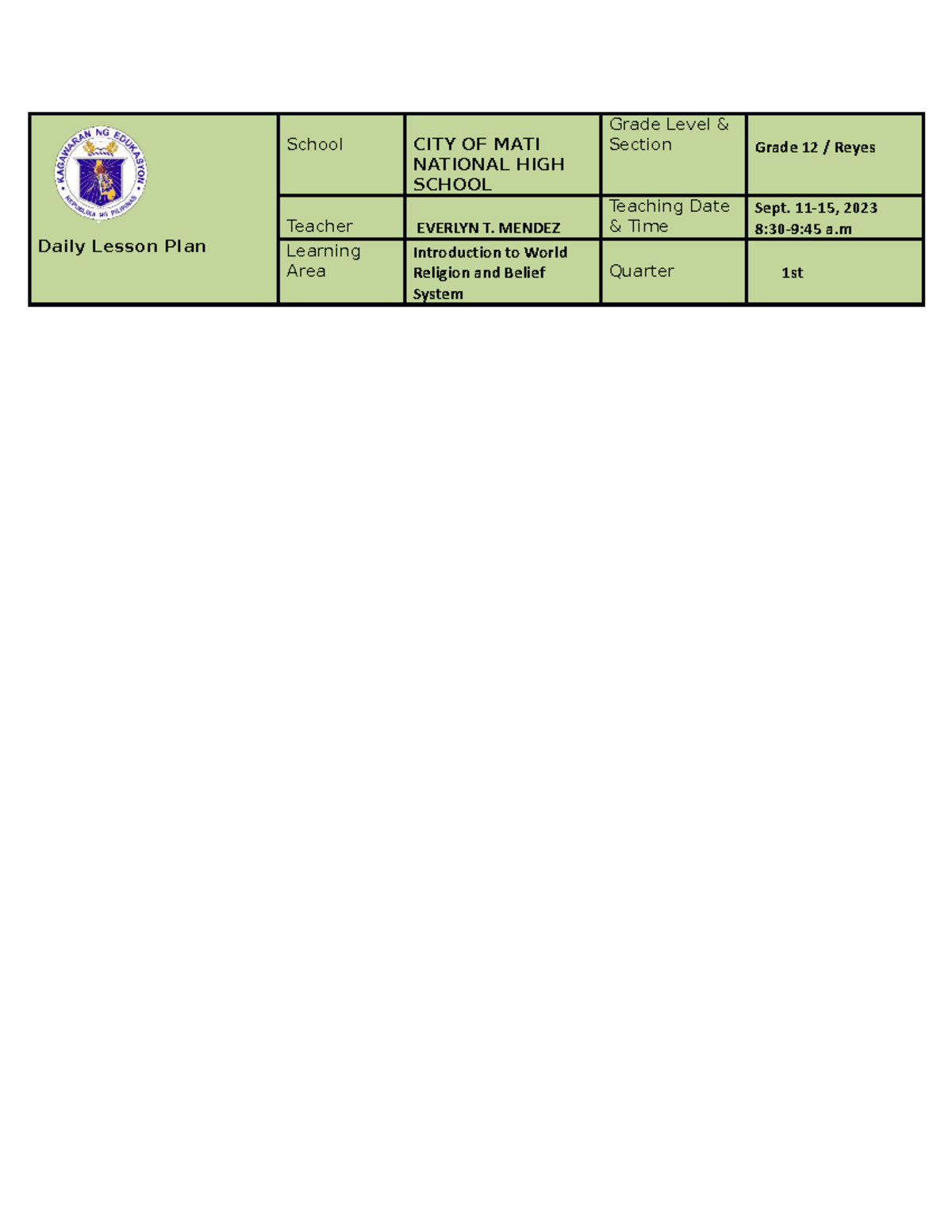 Lesson Plan Intro 12 (2) - Copy - Daily Lesson Plan School CITY OF MATI ...