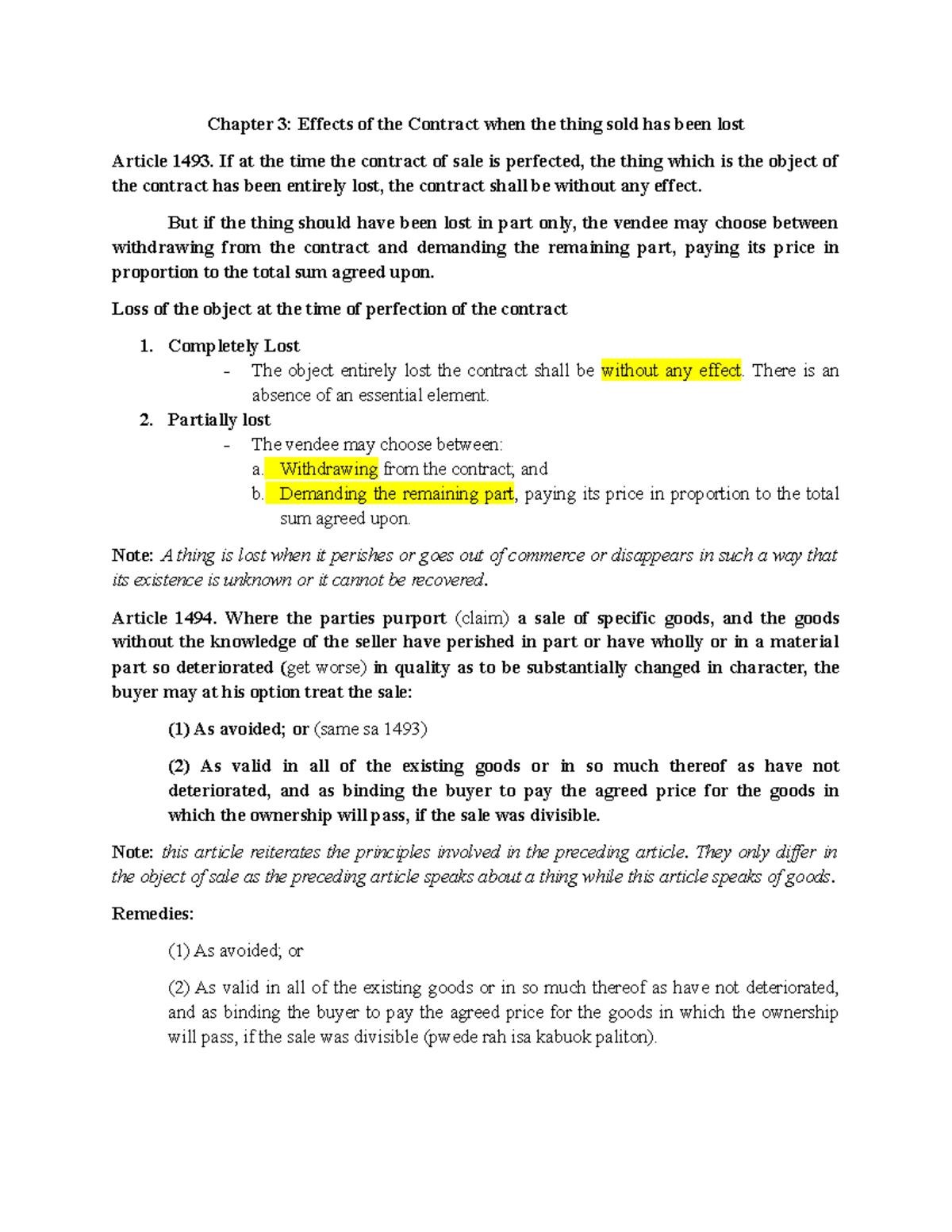 Chapter 3 Effects of the contract when the thing has been lost ...