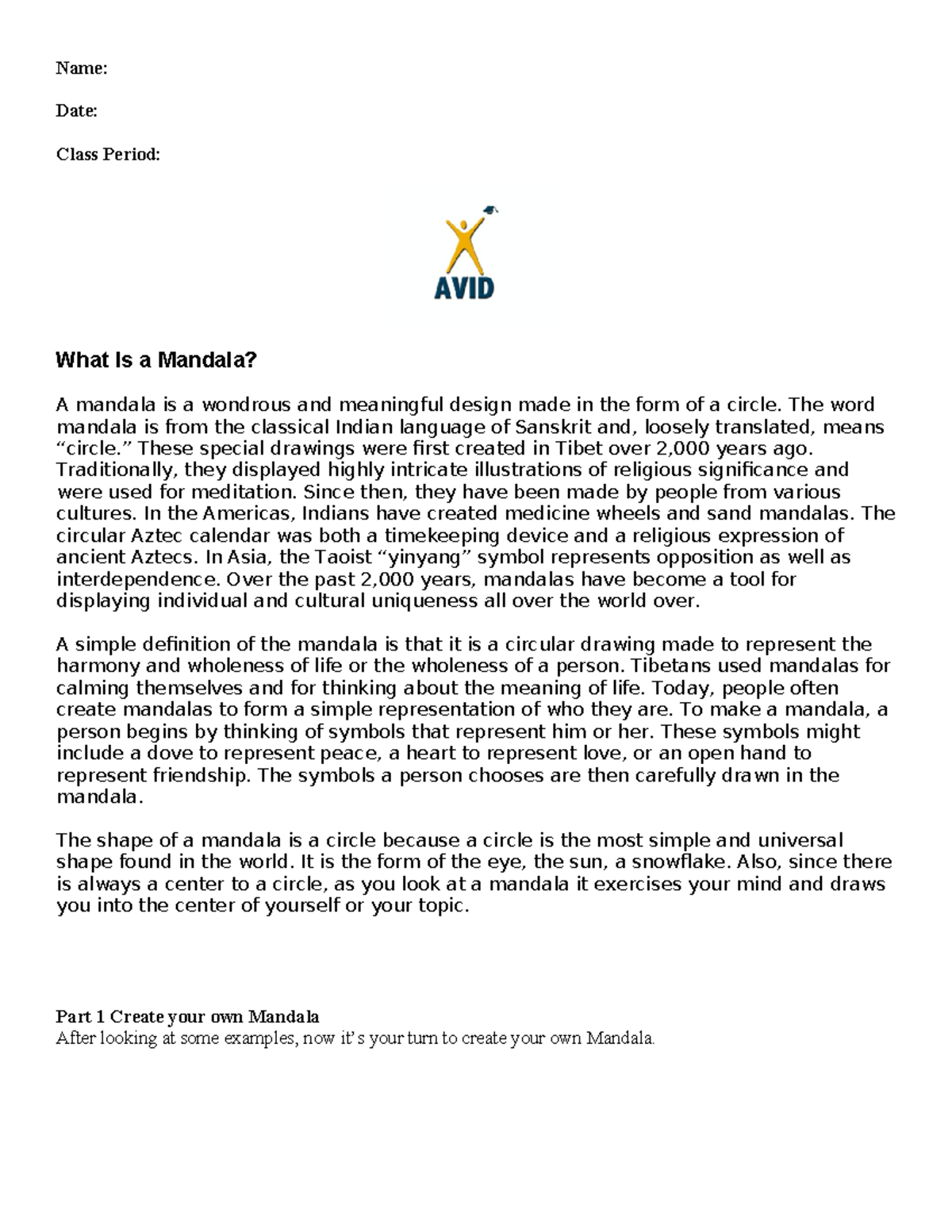AVID Mandala Project Essay - Name: Date: Class Period: What Is a ...